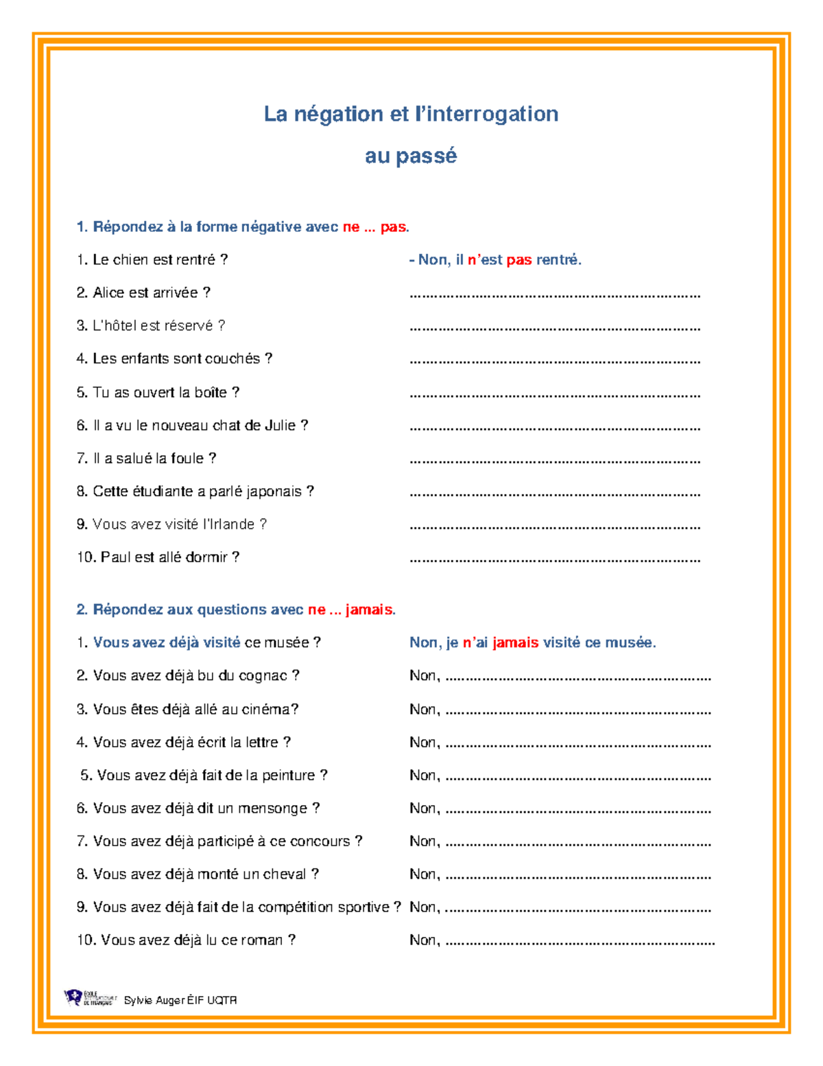 Négation et Passé Composé - Exercices et Réponses ÉIF UQTR - Studocu