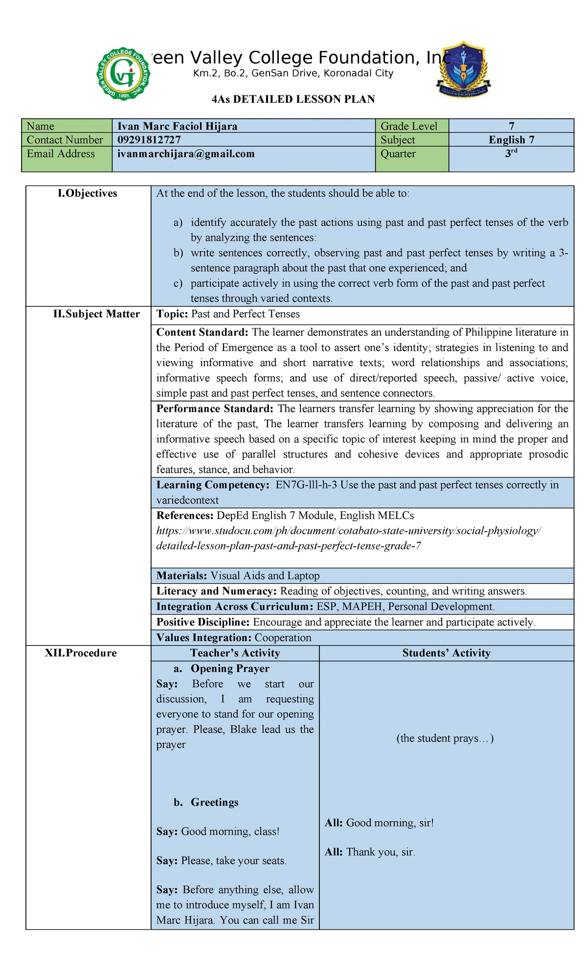 Detailed Lesson Plan: English 4AS on Parallel Structures - Studocu