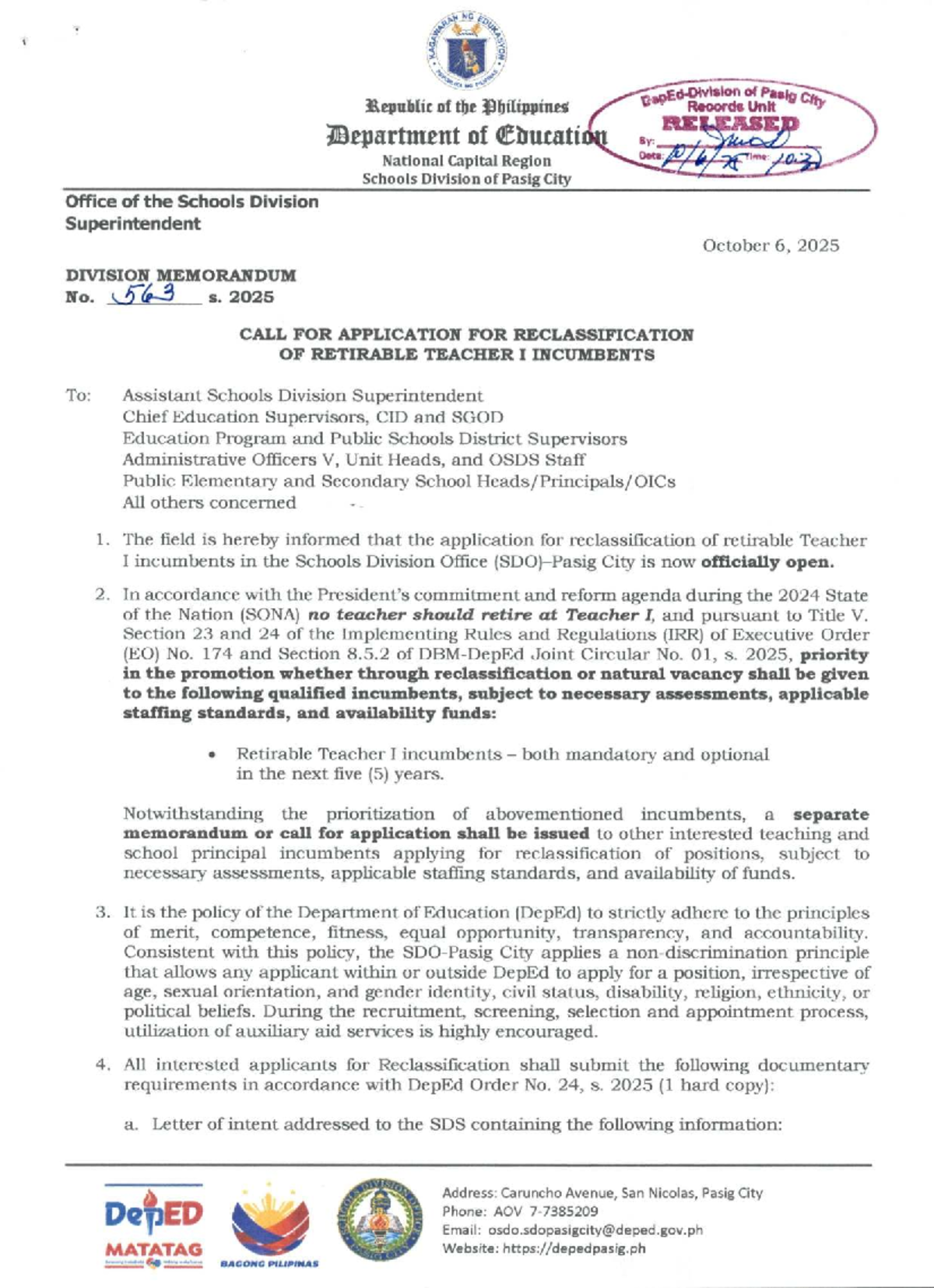 DM No. 563, S. 2025 - Call for Application for Teacher I ...