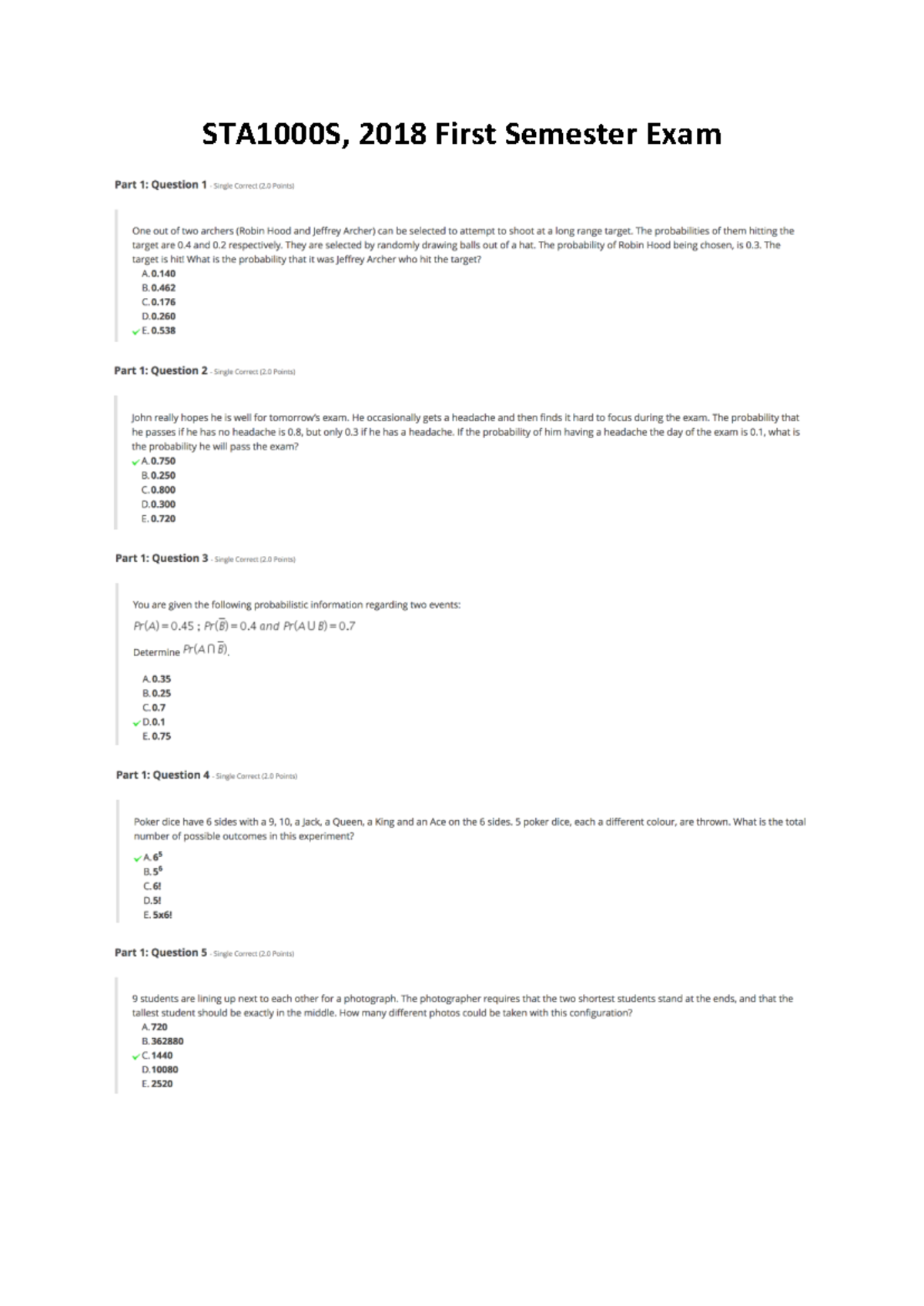 2018 First Semester Exam: Probability and Statistics Questions - Studocu
