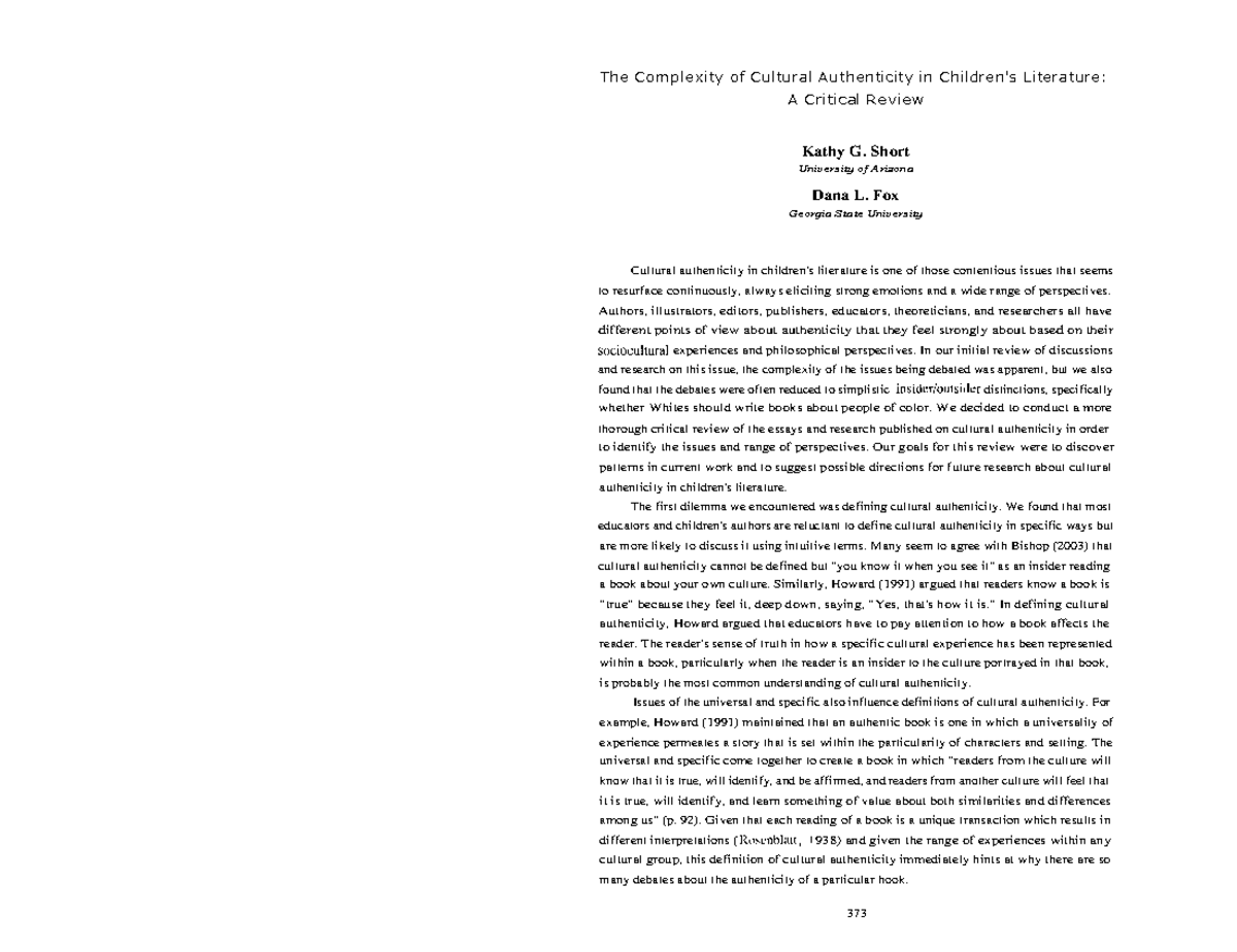 The Complexity of Cultural Authenticity in Children's Literature: A ...