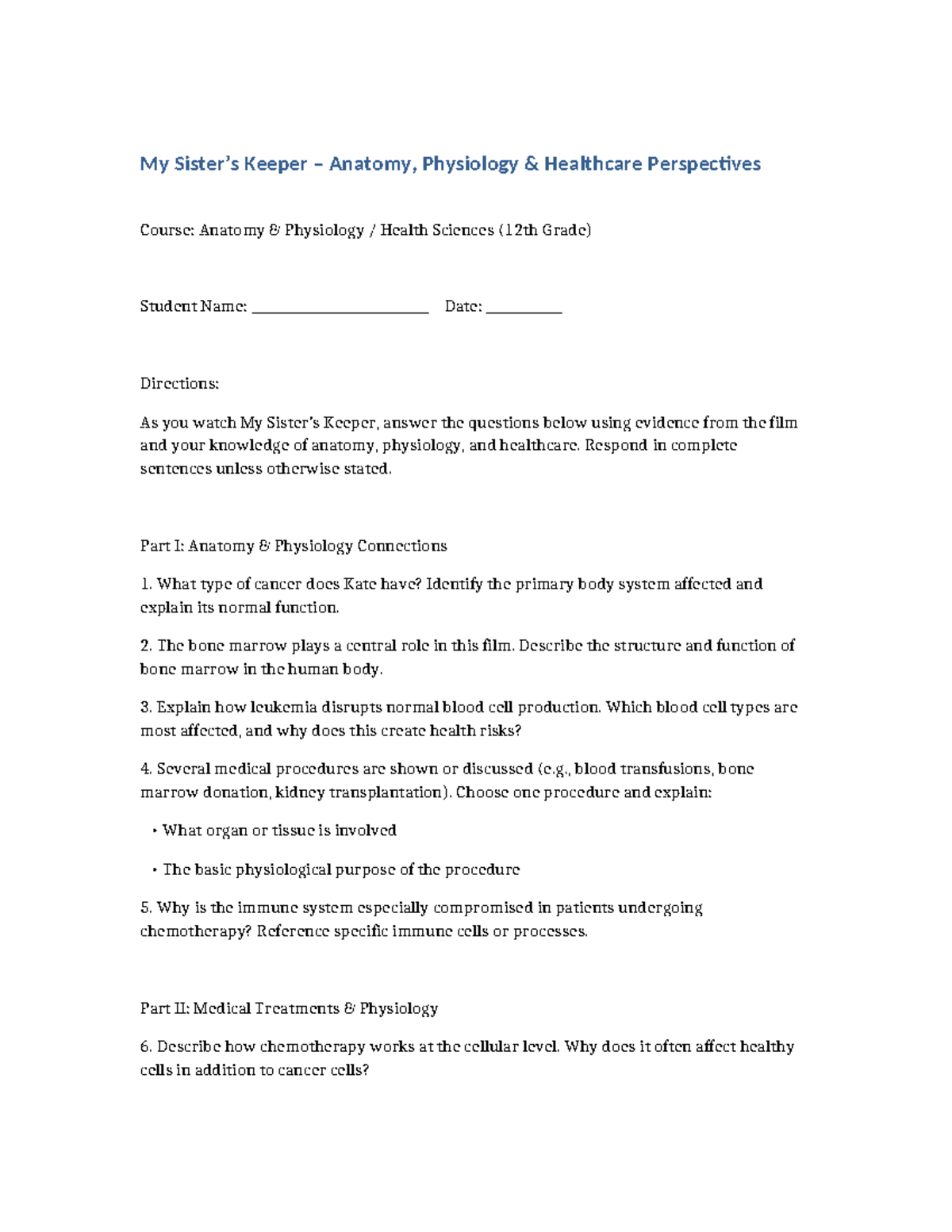 My Sisters Keeper A&P Healthcare Worksheet: Anatomy & Physiology ...