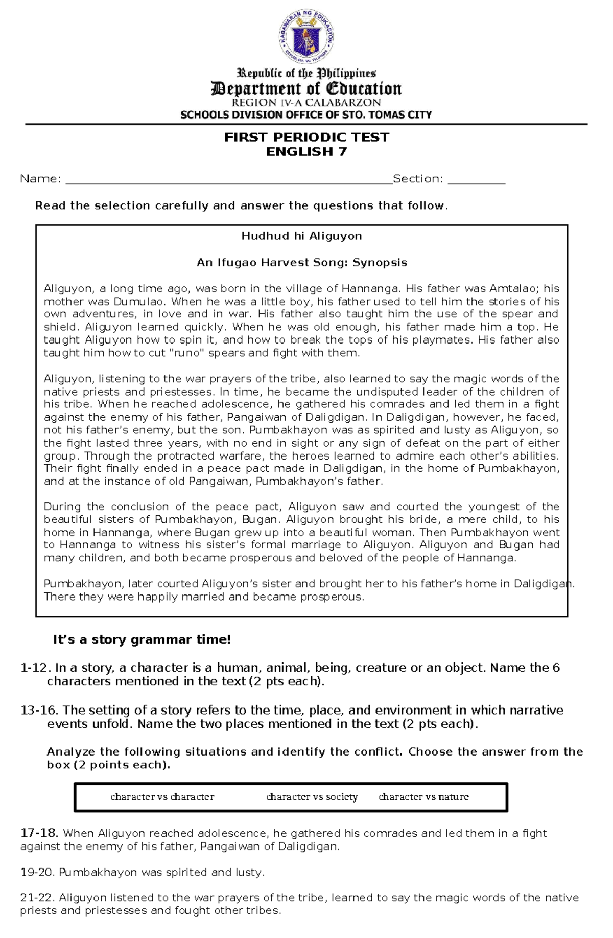 Q1 - Grade 7 English: Analysis of "Hudhud hi Aliguyon" - Studocu