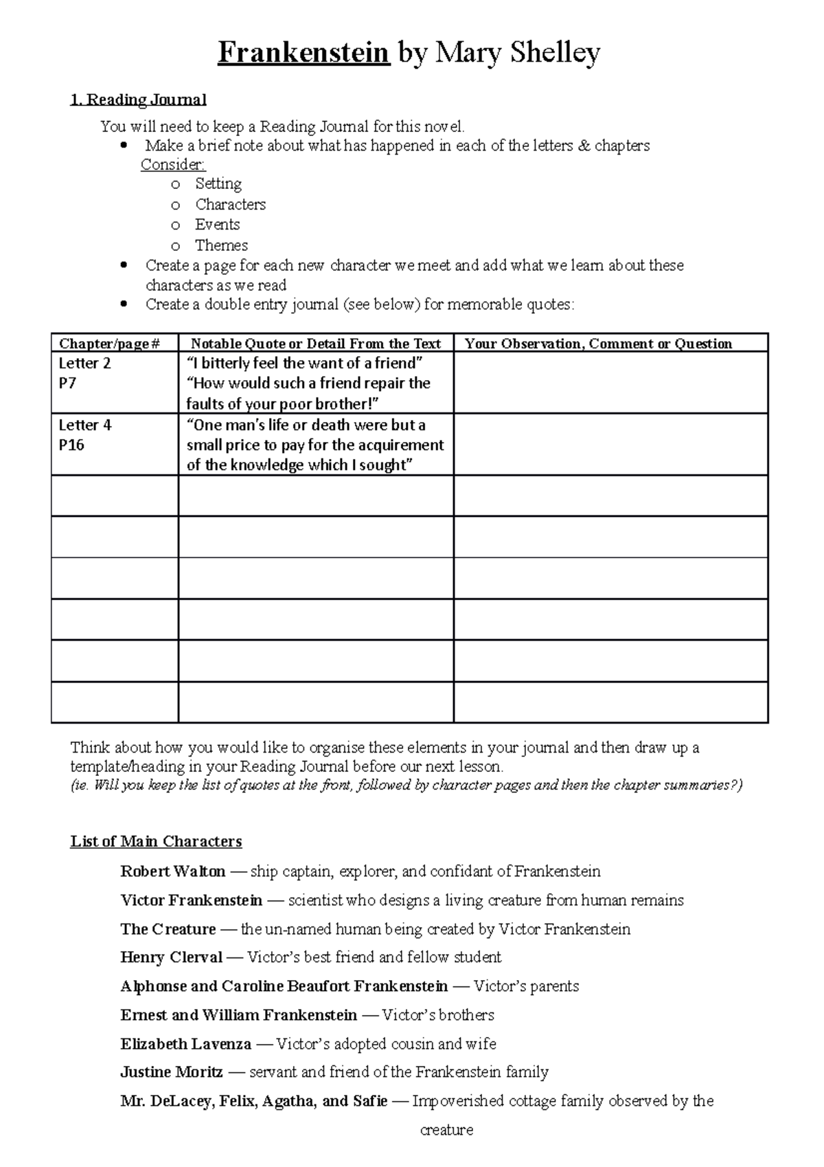 Frankenstein Reading Journal and Anticipation Guide for ENG 201 - Studocu