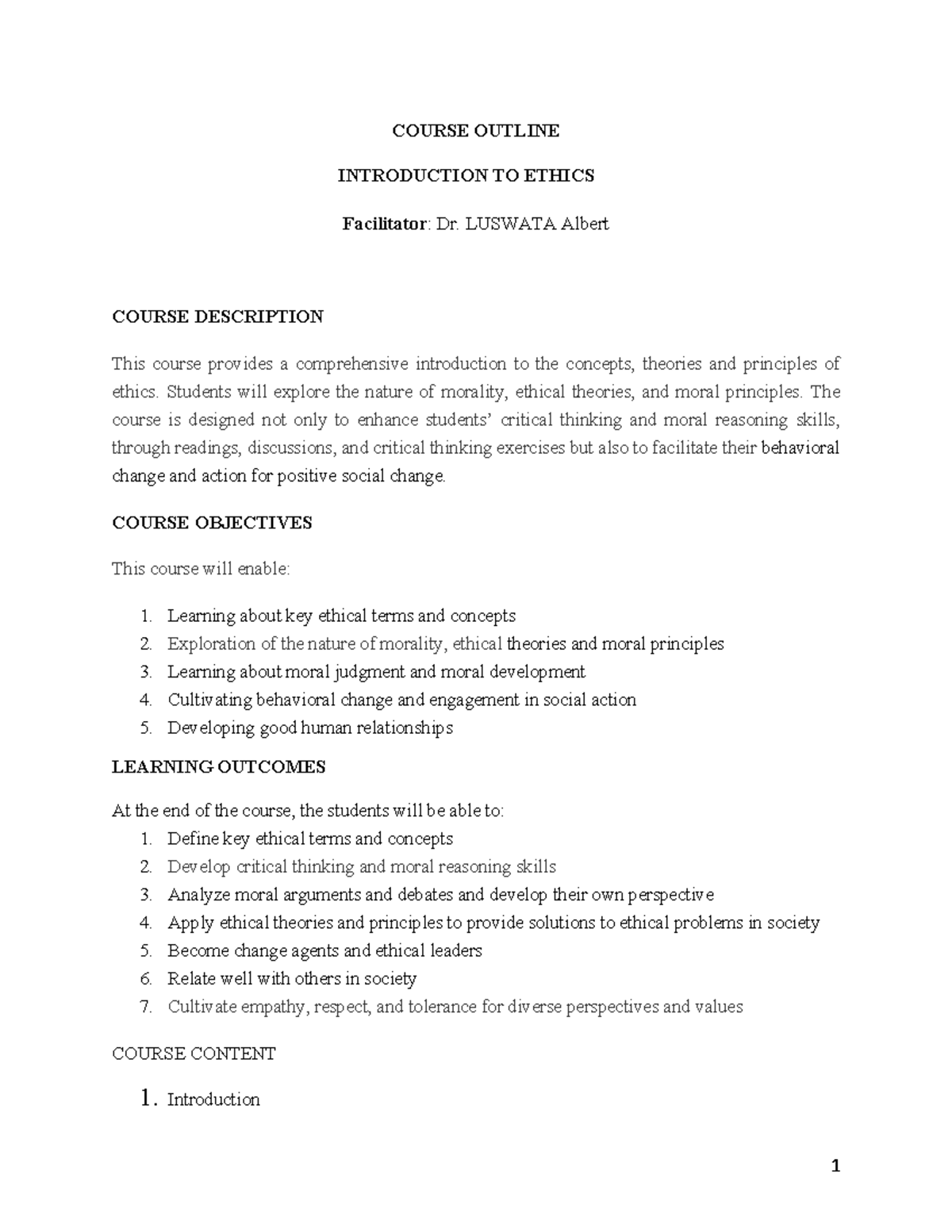 COURSE OUTLINE: INTRODUCTION TO ETHICS (ETH 101) - Studocu