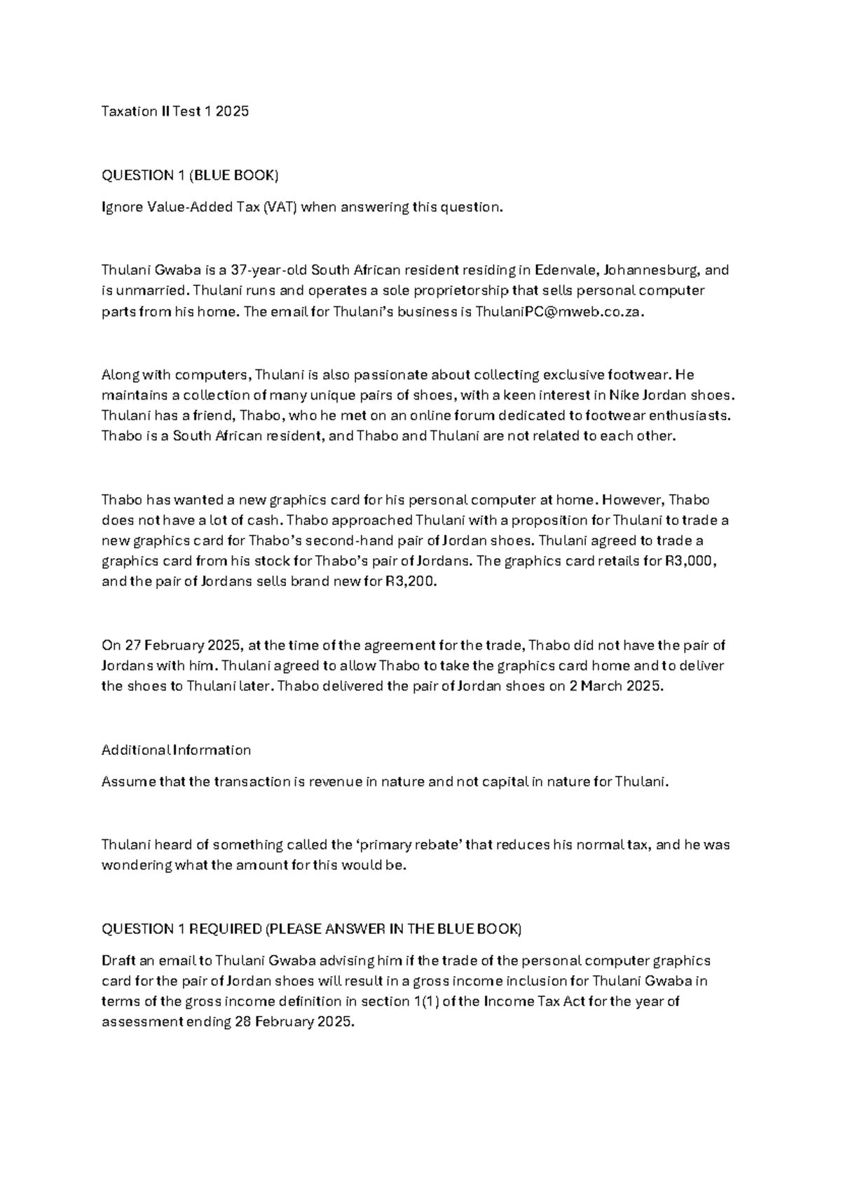 Taxation 2 test 1 - past paper - Taxation II Test 1 2025 QUESTION 1 ...