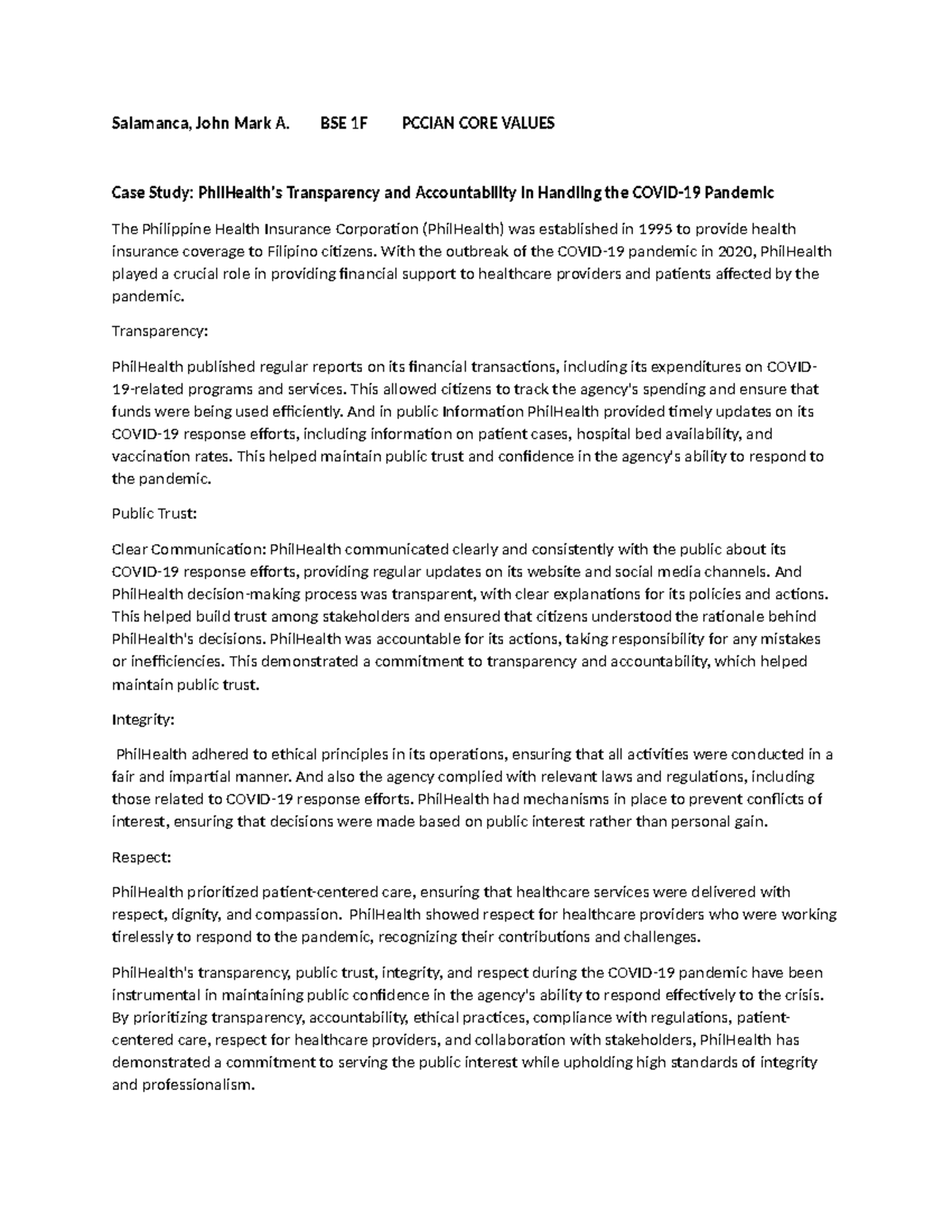 CORE Values CASE Study - 45552 - Salamanca, John Mark A. BSE 1F PCCIAN ...