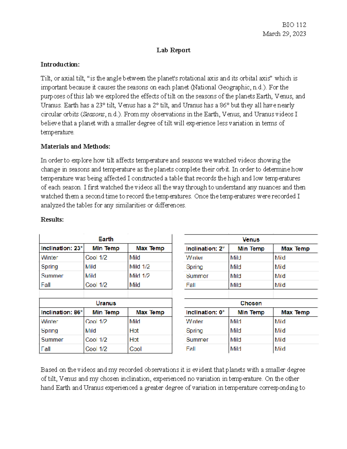 Lab Report: Effects of Axial Tilt on Seasons in Planets (BIO 112) - Studocu
