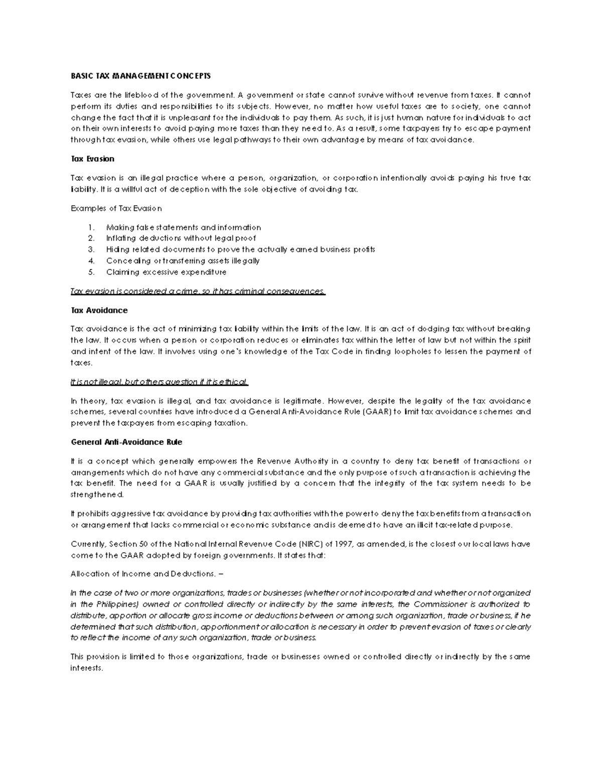 BASIC TAX MANAGEMENT CONCEPTS: Evasion, Avoidance, and Planning - Studocu