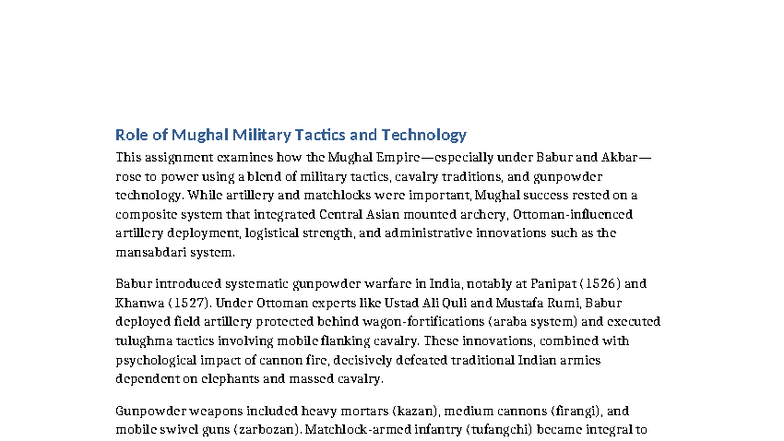Mughal Military Tactics & Technology: An Assignment Analysis - Studocu