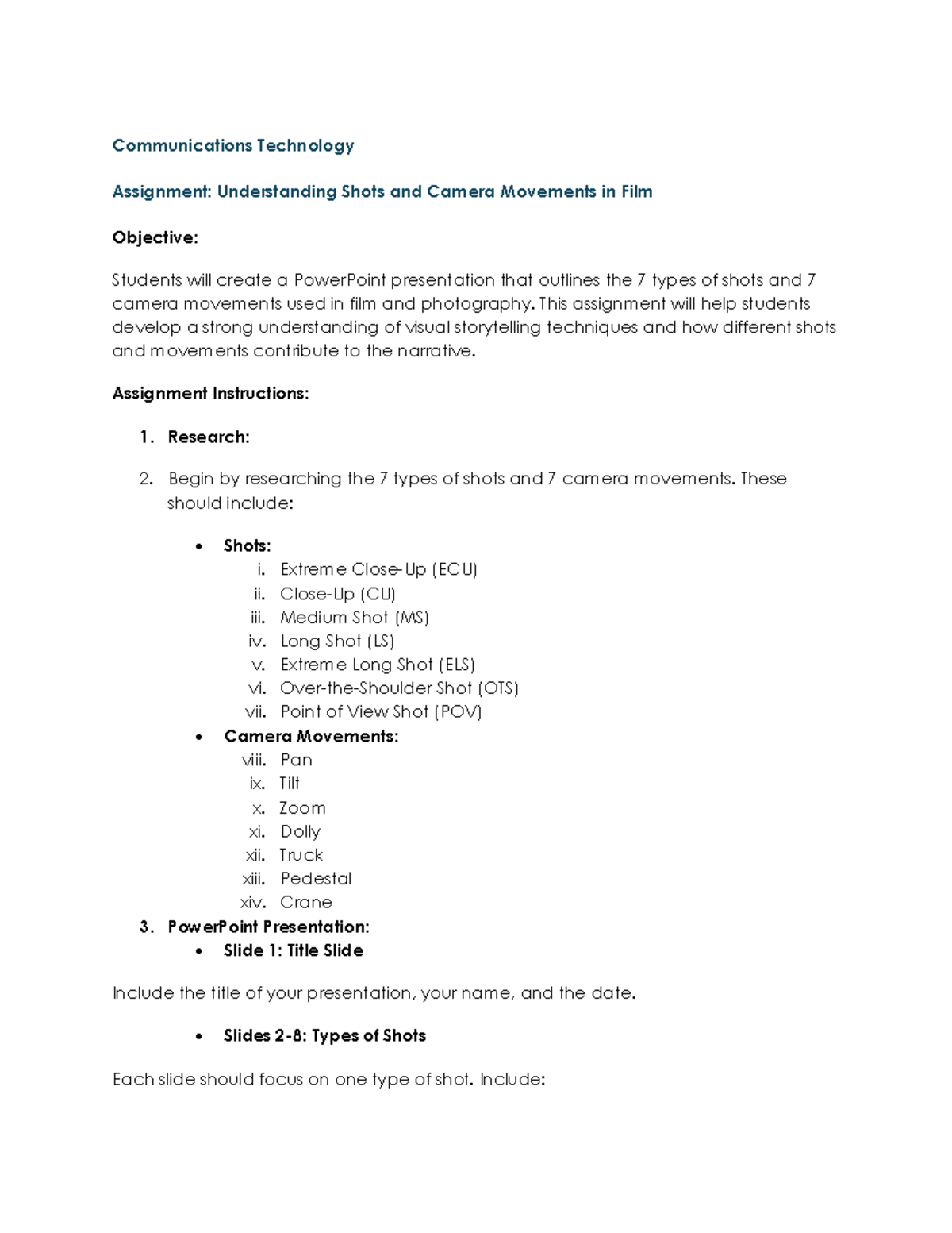 Comm Tech Assignment: Shots & Camera Movements in Film - Studocu