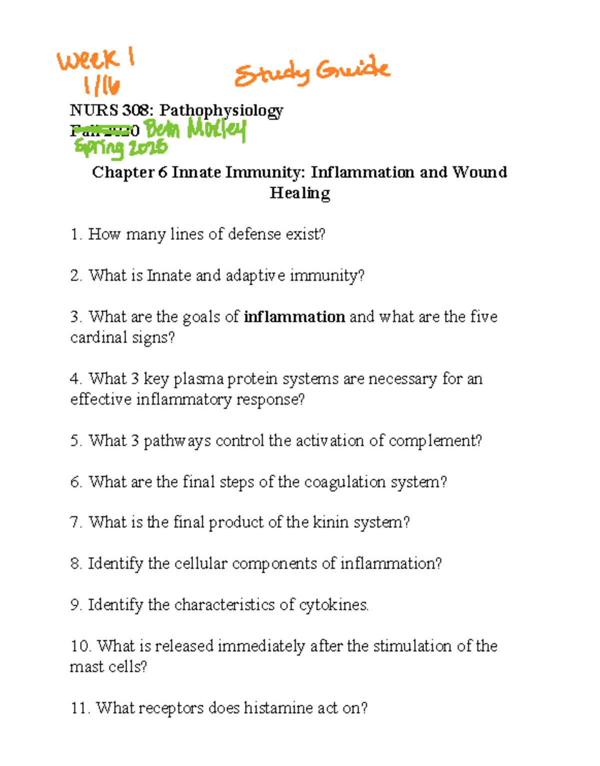Week 1 Study Guide NURS 308: Pathophysiology Chapters 6 & 7 - Studocu