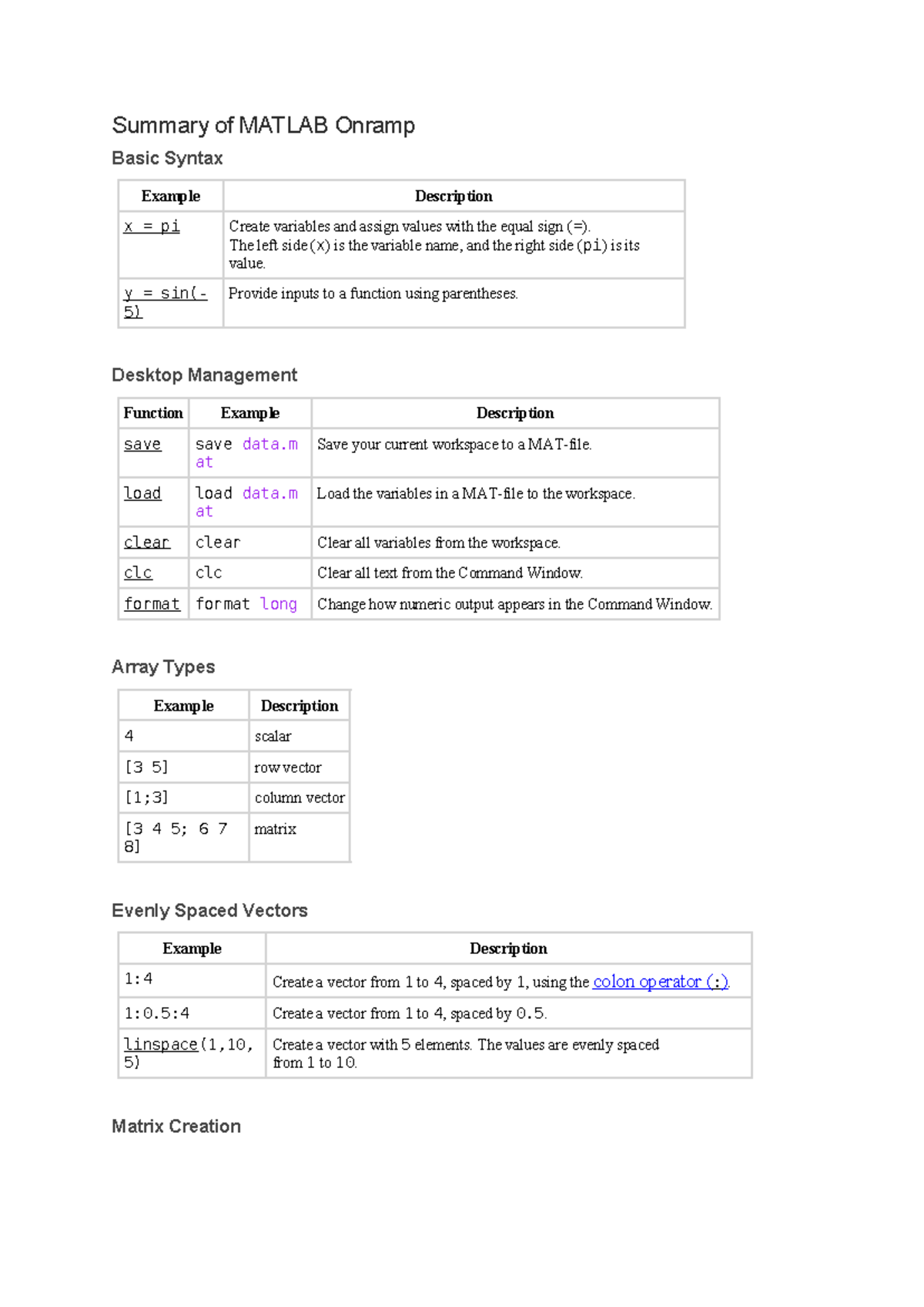 MATLAB Onramp: Summary of Basic Syntax, Functions, and Arrays - Studocu