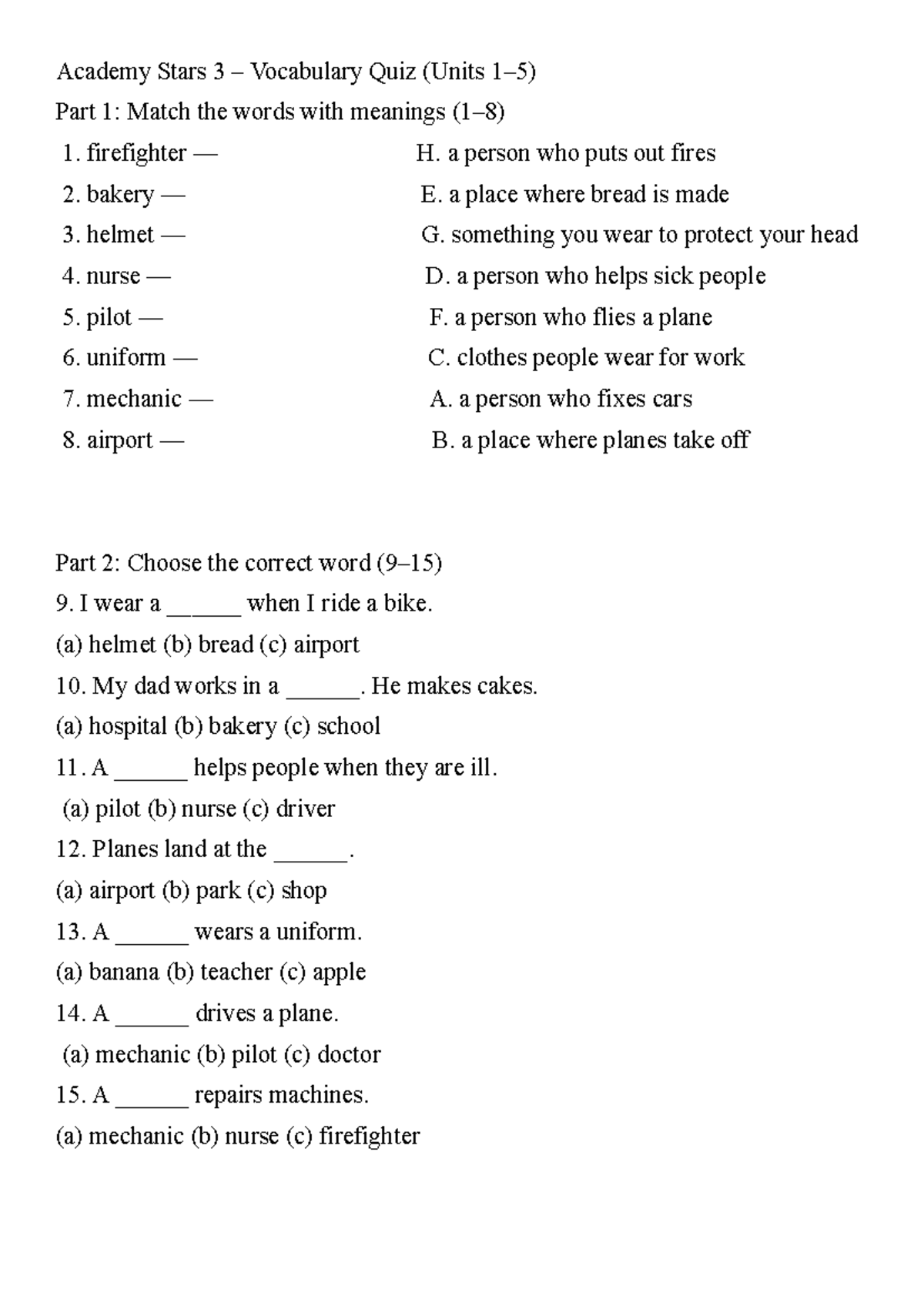Academy Stars 3 Vocabulary Quiz (Units 1) - Match & Choose - Studocu