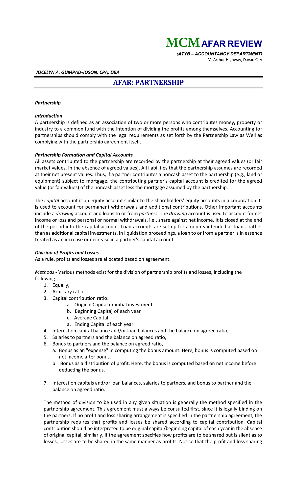 Partnership AFAR Review MCM: Key Concepts and Accounting Principles ...