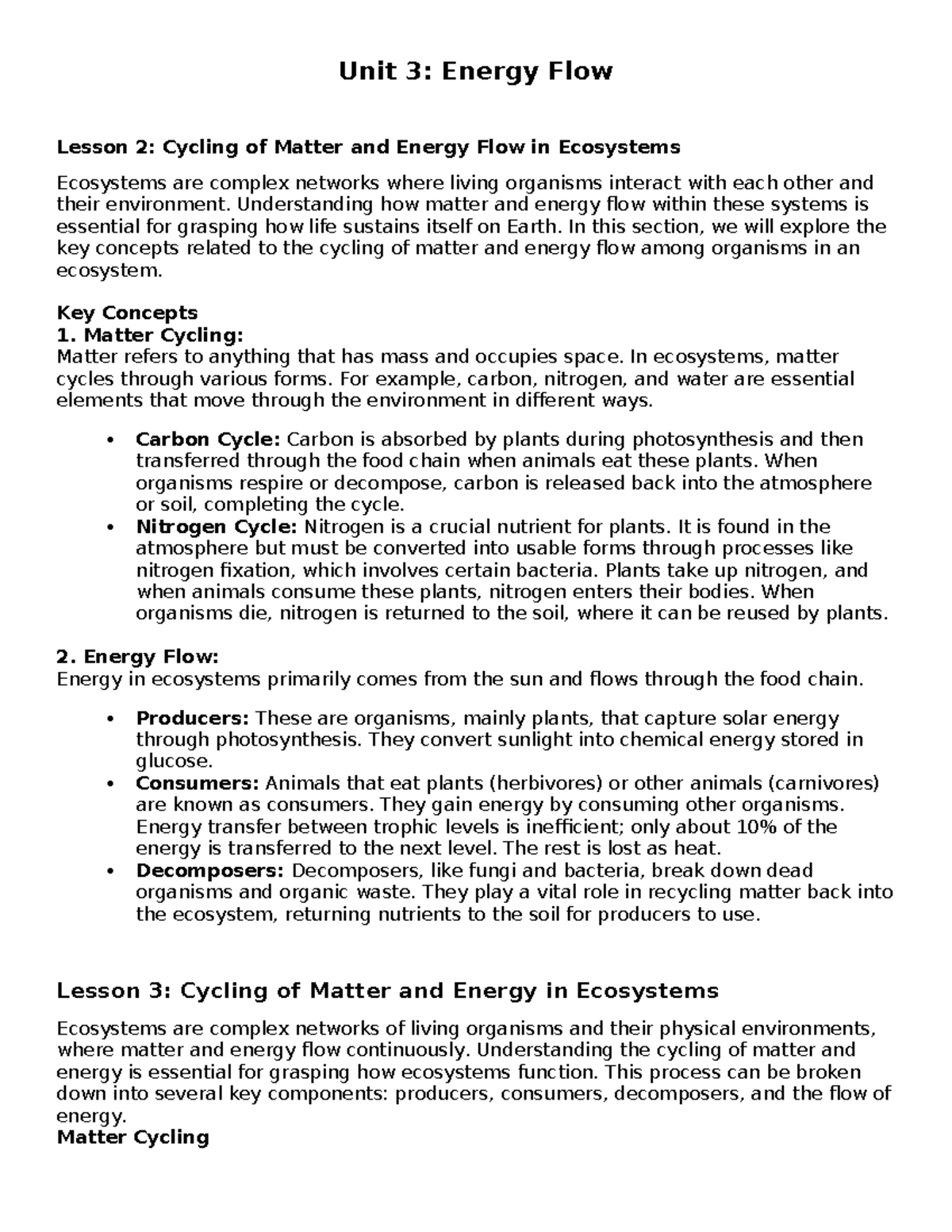 Unit 3: Energy Flow & Matter Cycling in Ecosystems (Biology 101) - Studocu
