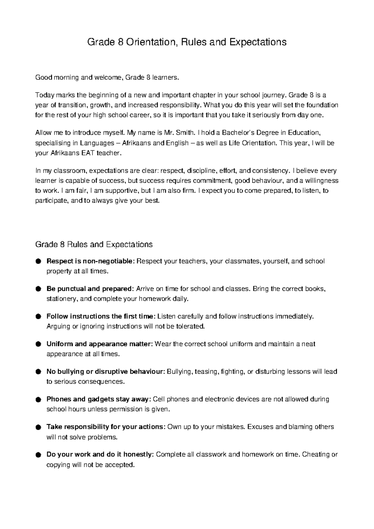 Grade 8 Orientation: Rules & Expectations Overview - Studocu