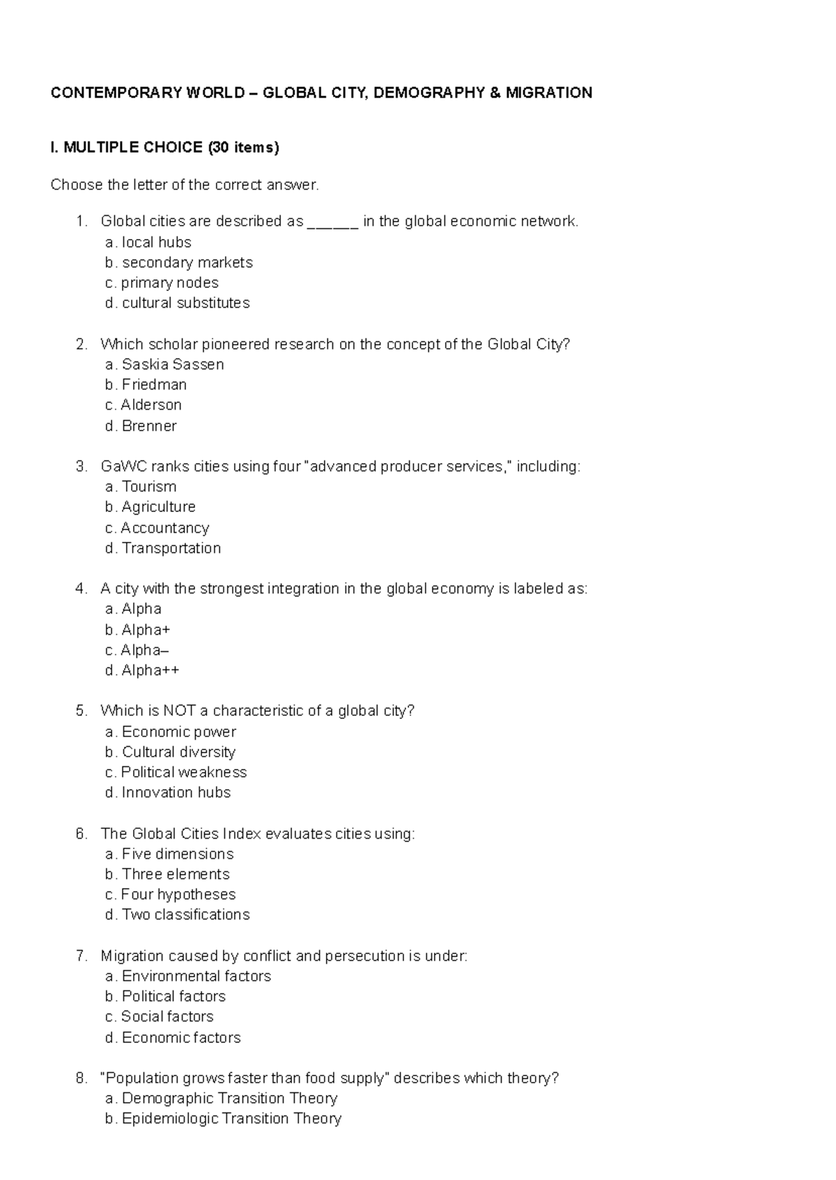 Contemporary World Global City: Demography & Migration - Finals Exam Review - Studocu