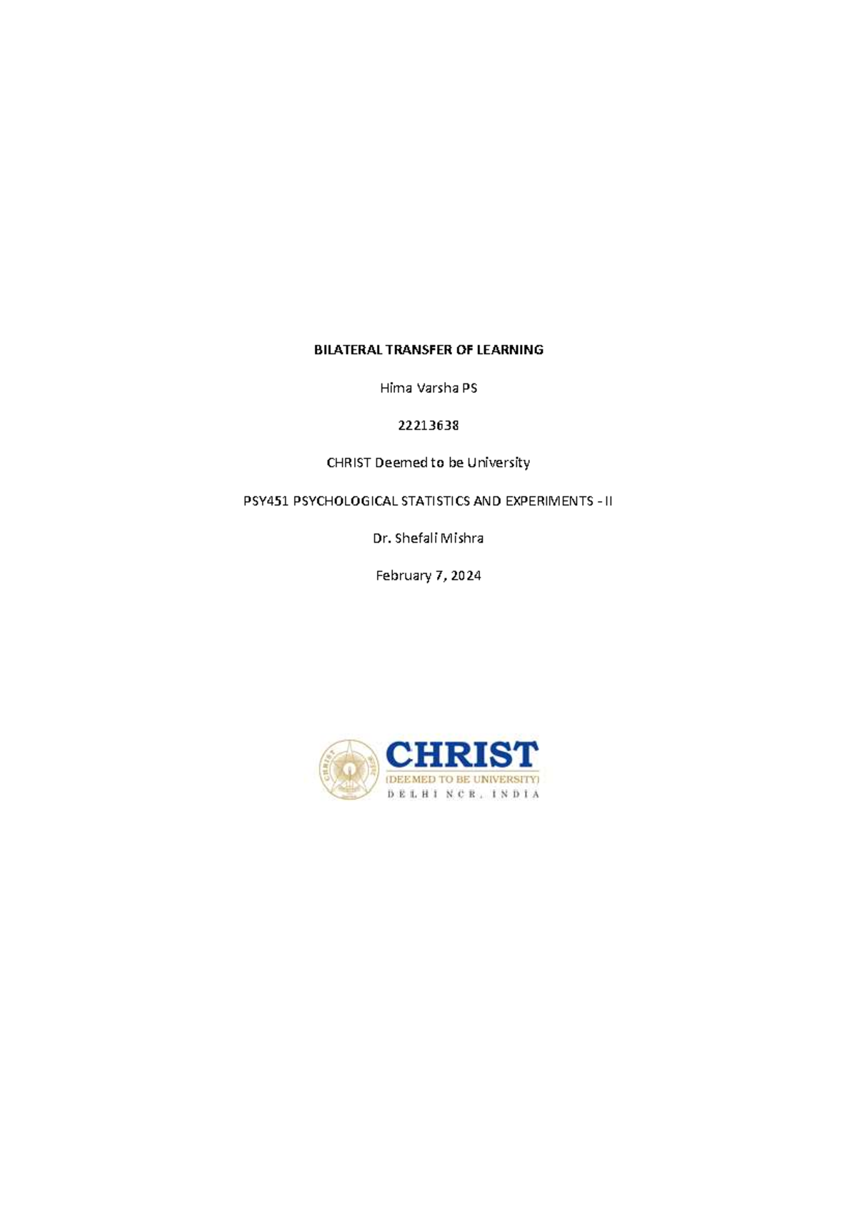22213638 PSY451 Final Exam: Bilateral Transfer of Learning Study - Studocu