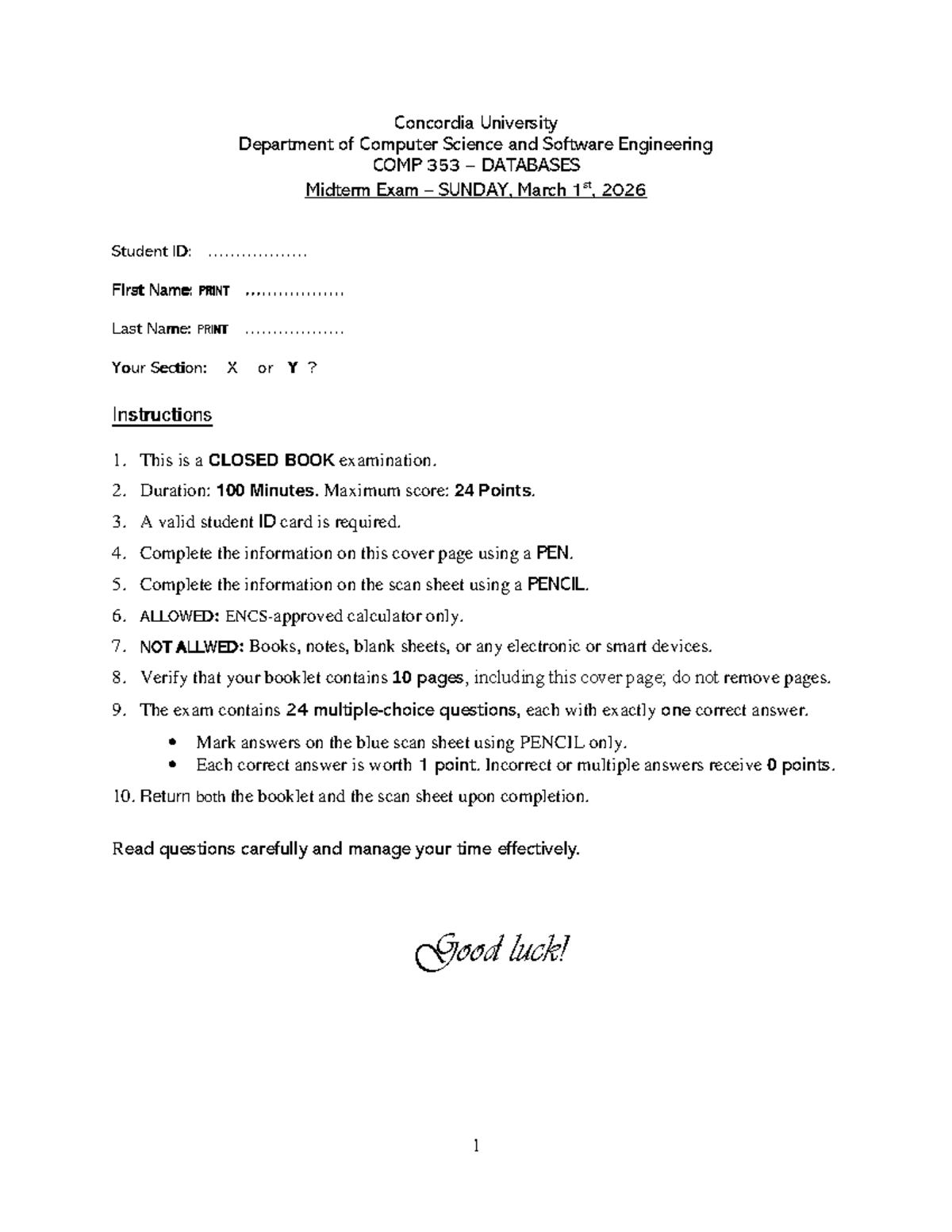 COMP 353 Databases Midterm Exam Cover Page Win2026 - Studocu
