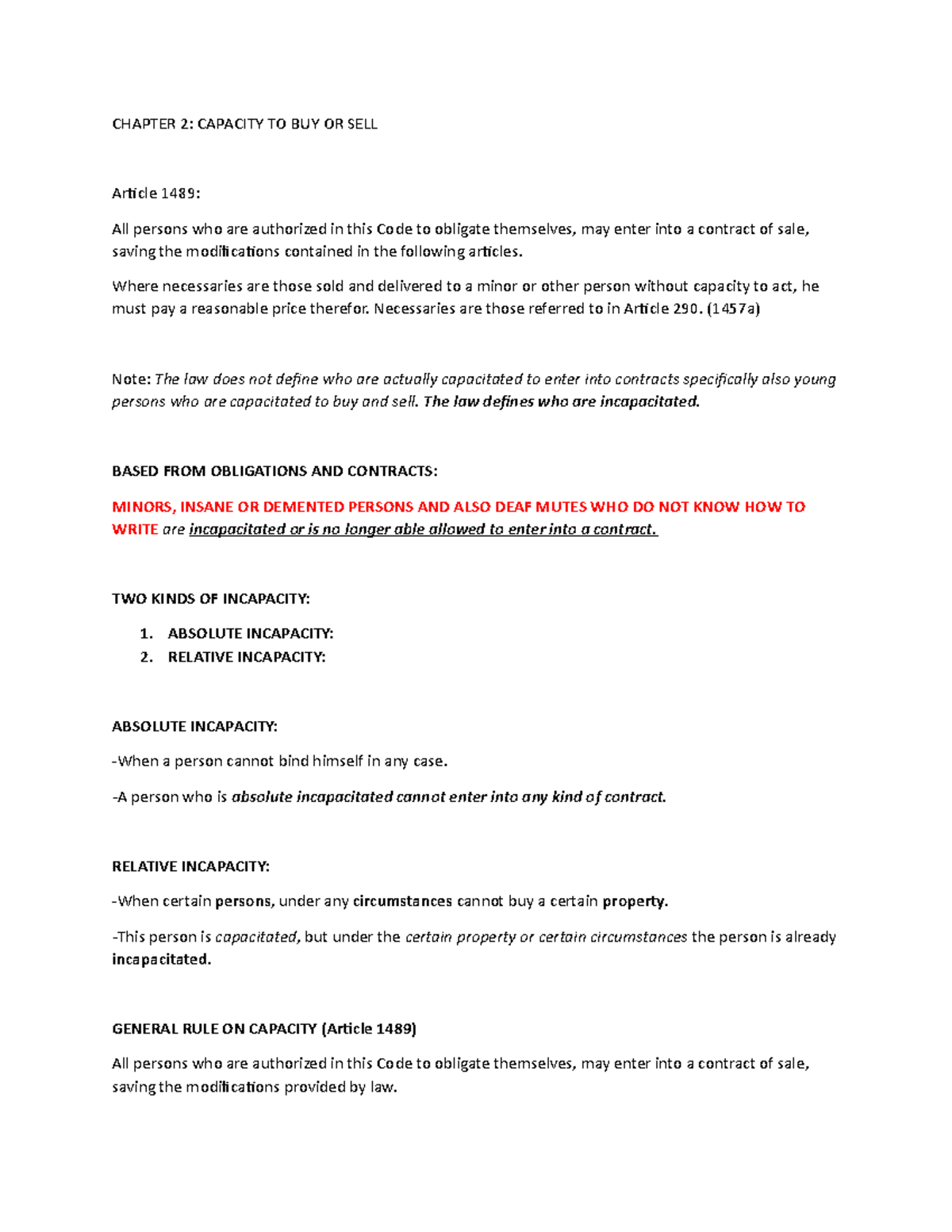 Notes on IN LAW 3: Articles 1489-1510 - Capacity in Contracts - Studocu