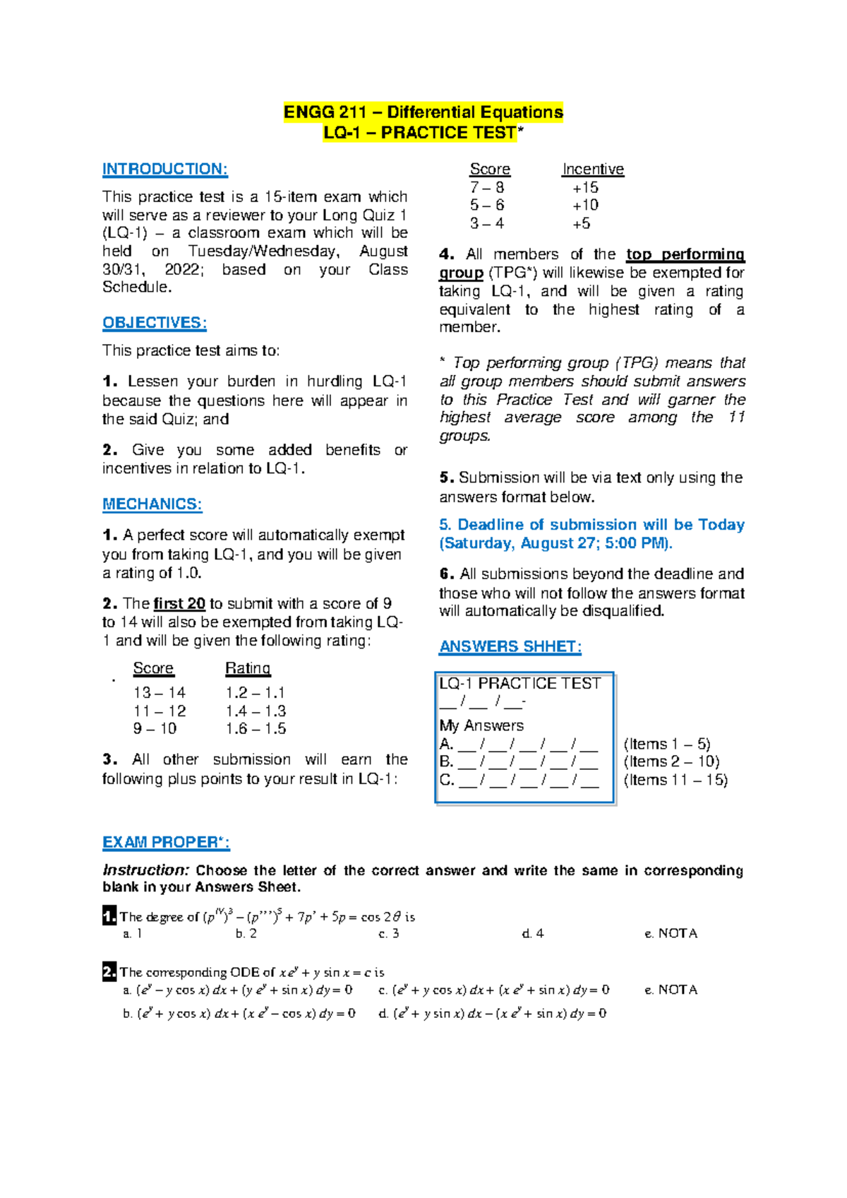 Differential Equation Practice Test- Engineering Subject - ENGG 211 ...