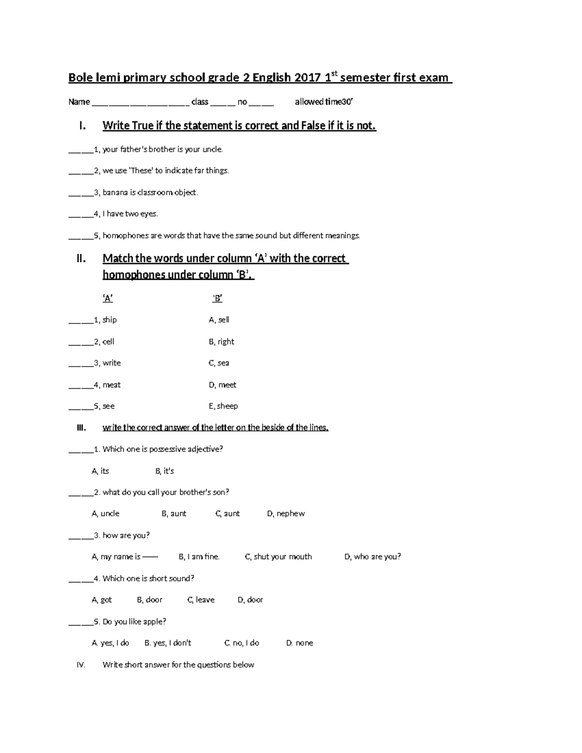 Grade 2 English Exam 2017 - 1st Semester Questions & Answers - Studocu