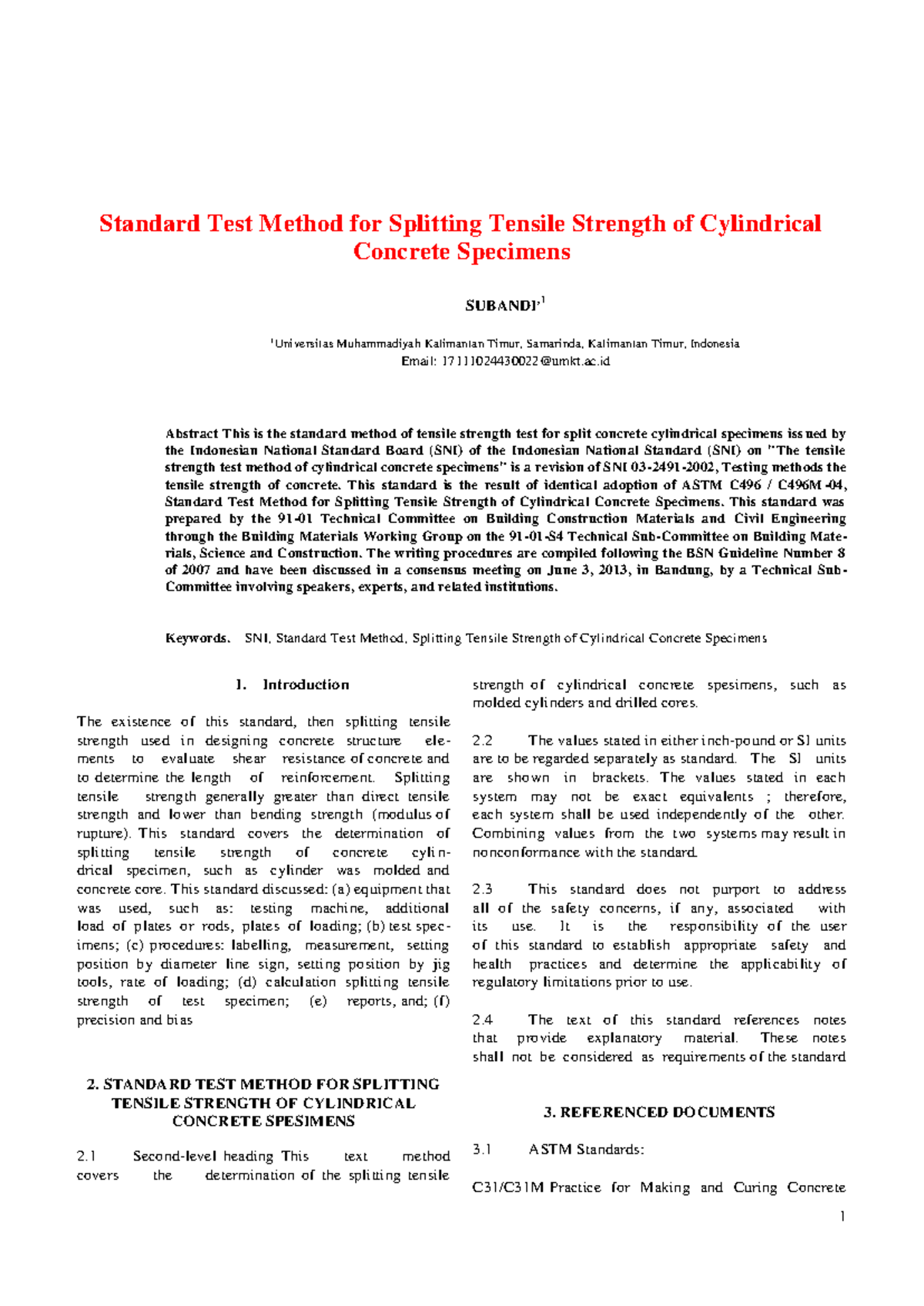 SNI Eng - ……………..…. - Standard Test Method for Splitting Tensile ...