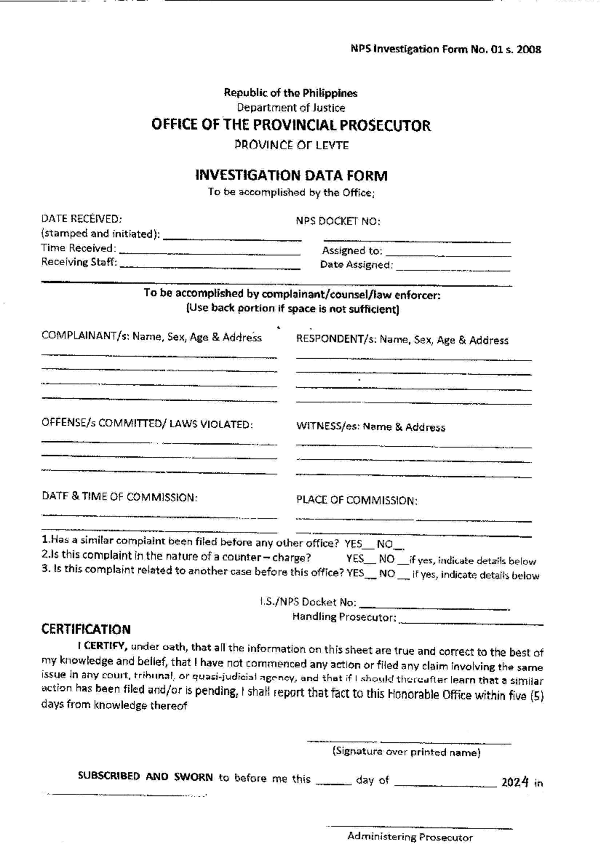 NPS Case Investigation Data Form No. 01 (s. 2008) for Prosecution - Studocu