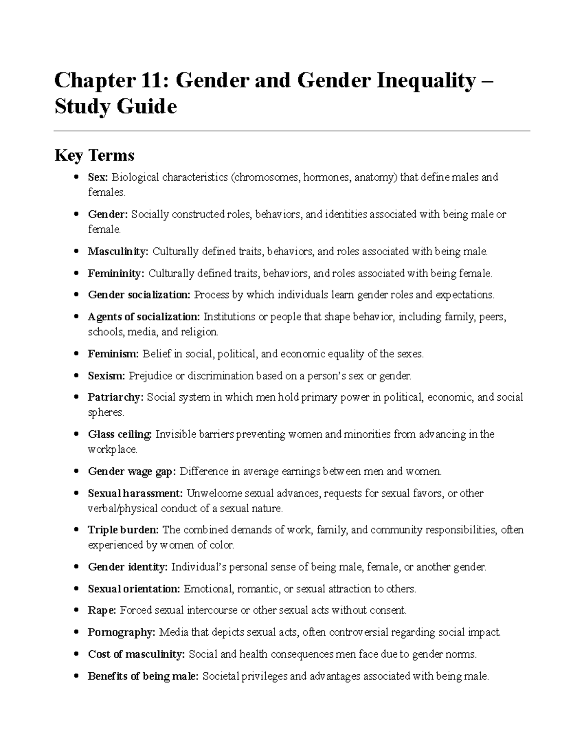Chapter 11: Gender and Gender Inequality - Study Guide & Key Terms ...