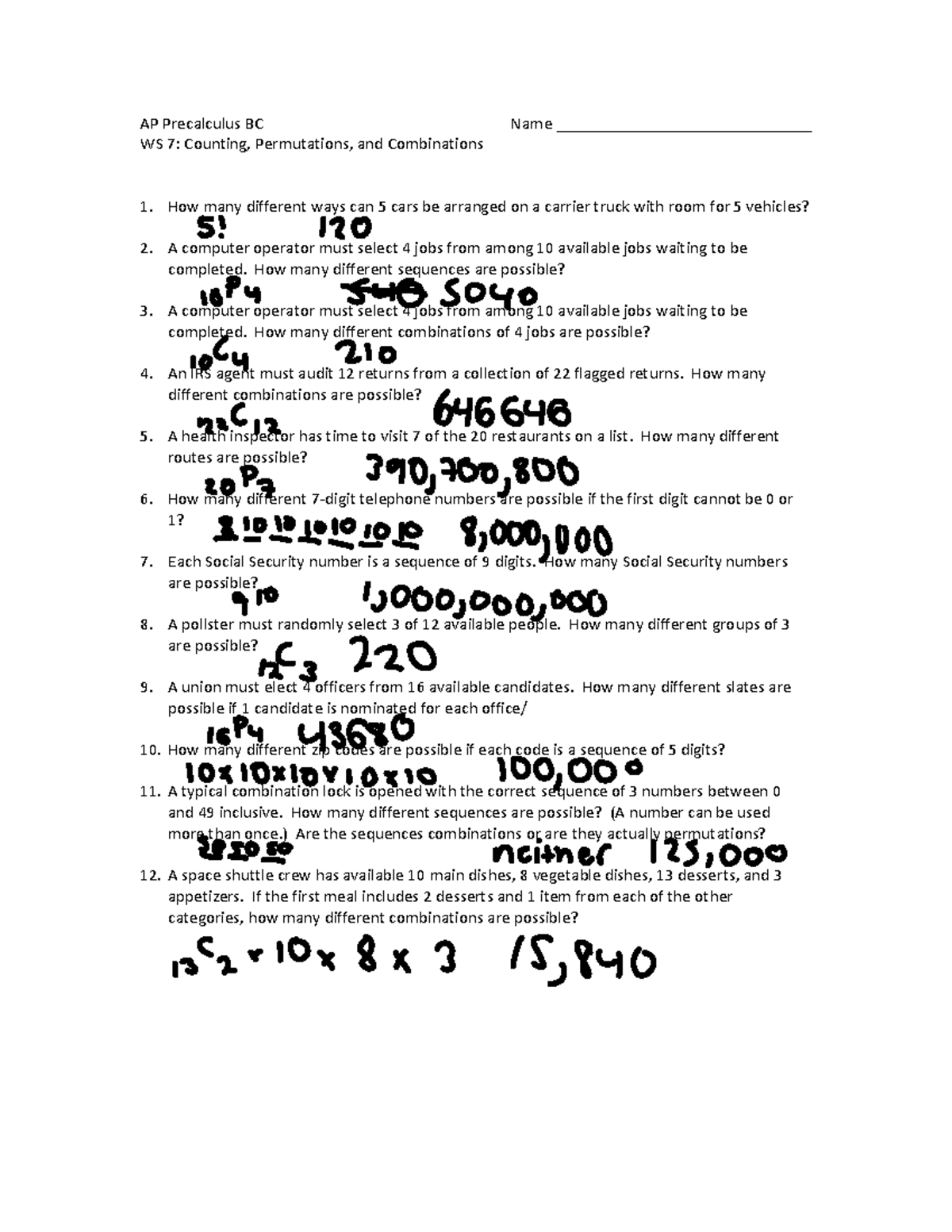 AP Precalculus BC WS 7: Counting, Permutations & Combinations - Studocu