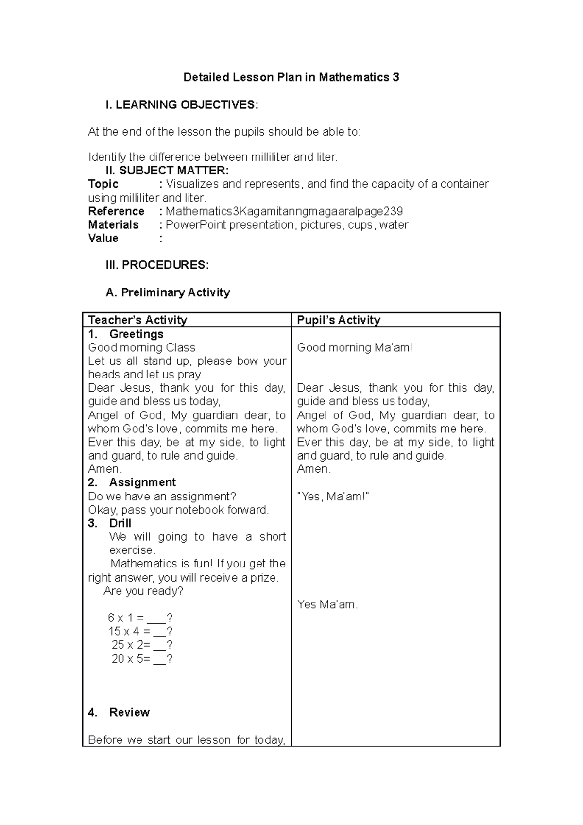 MATH 3 DLP: Detailed Lesson Plan on Capacity (Ml & L) - Studocu