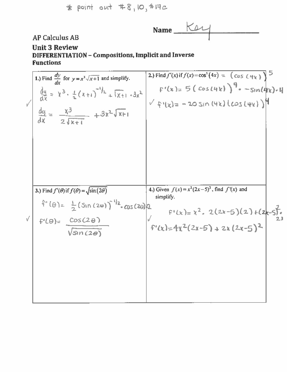 AP Calculus AB Unit 3 Review Key: Differentiation Techniques - Studocu