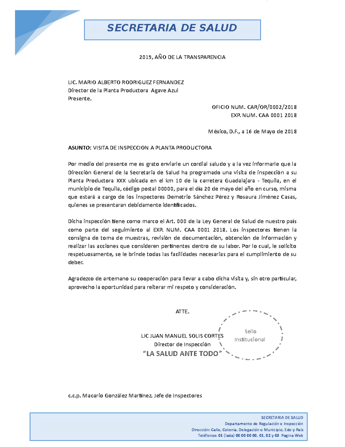 Cómo redactar un oficio de inspección para la Secretaría de Salud - Studocu