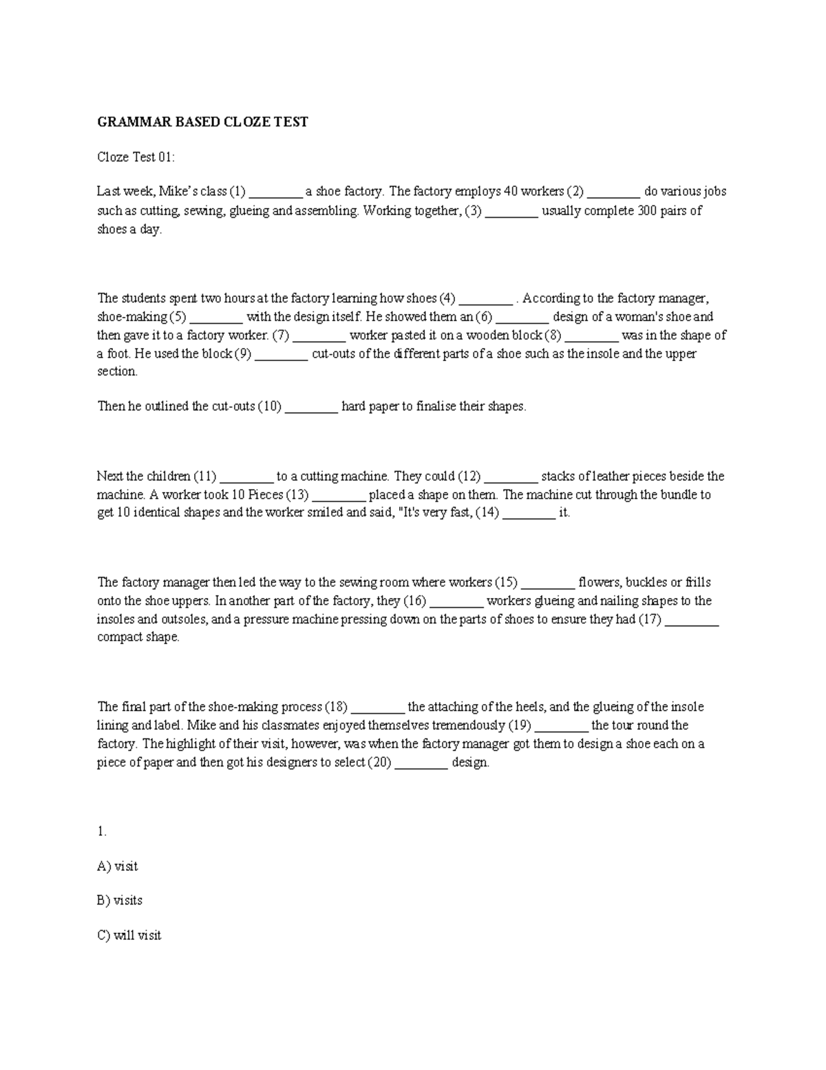Grammar Based Cloze Tests - OAK: Test 01 & 02 - Studocu