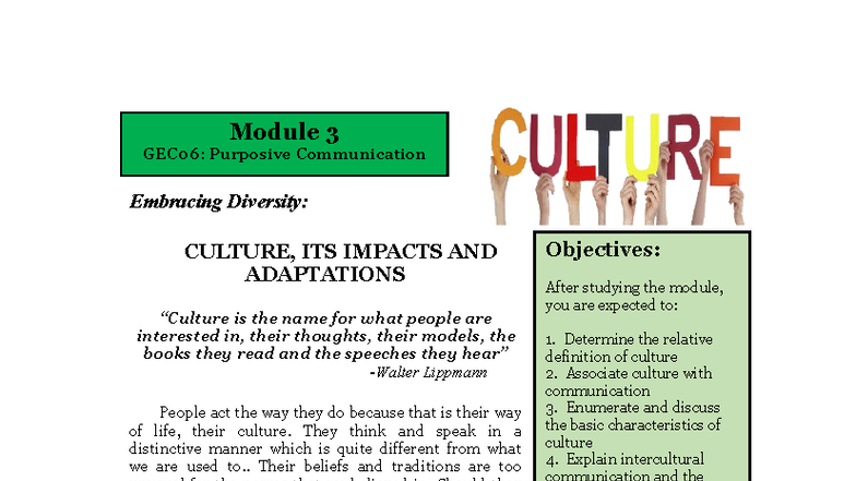 GEC06 Module 3: Embracing Diversity in Purposive Communication - Studocu