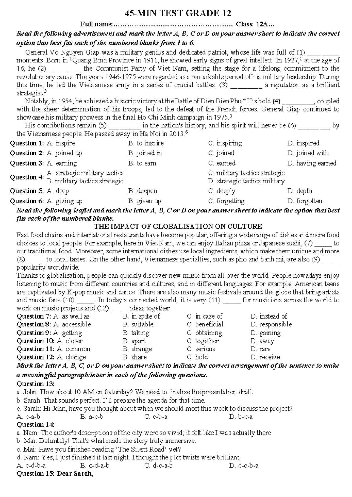 TEST GRADE 12: 45-Minute Extra Exercise on Globalisation and Historical ...