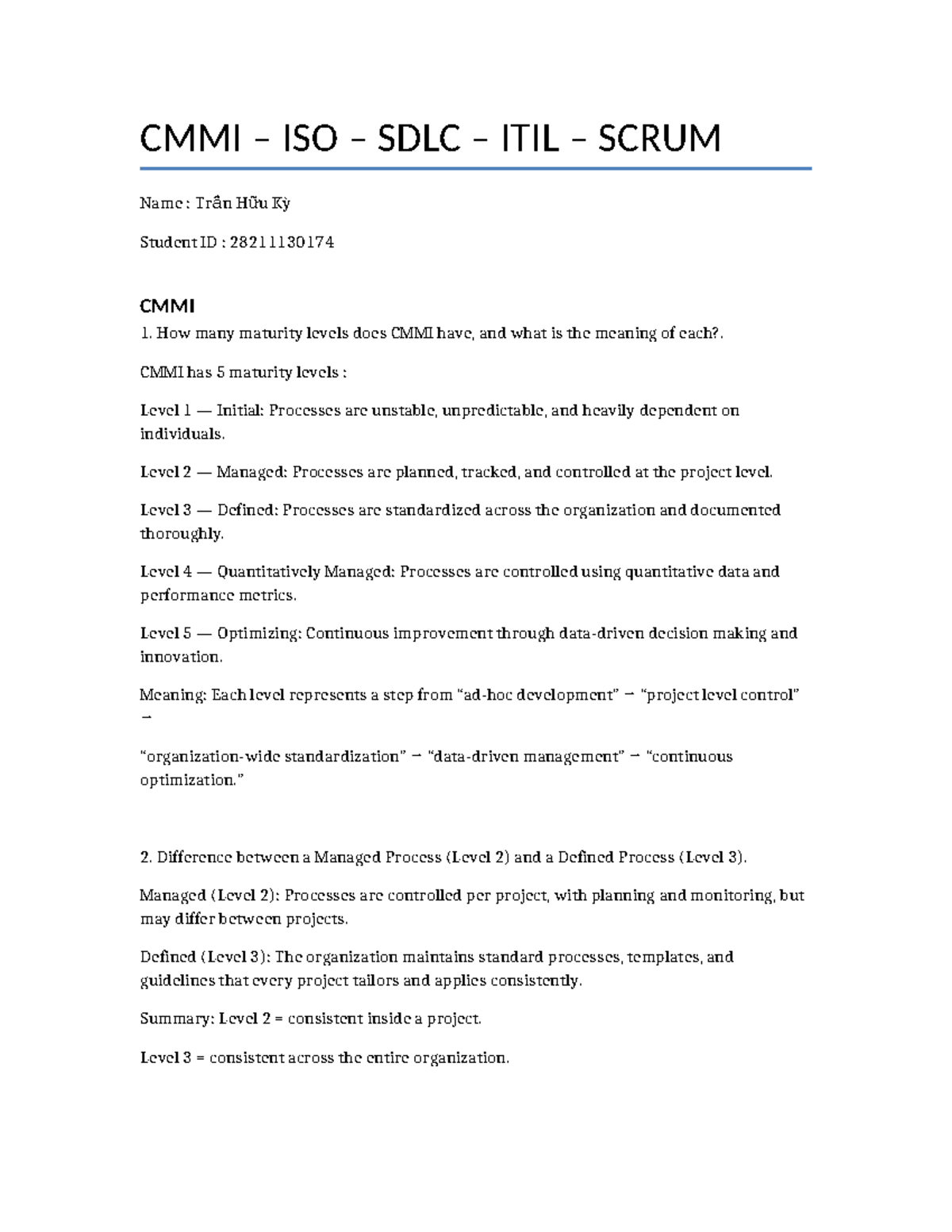 CMMI ISO SDLC ITIL SCRUM Overview and Key Concepts by Trần Hữu Kỳ - Studocu