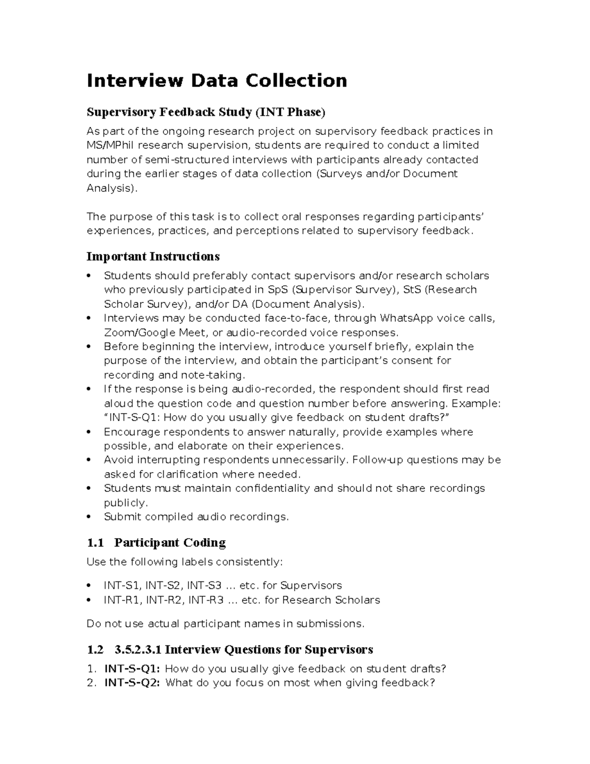 Interview Data Collection Task: Supervisory Feedback Study (INT Phase ...