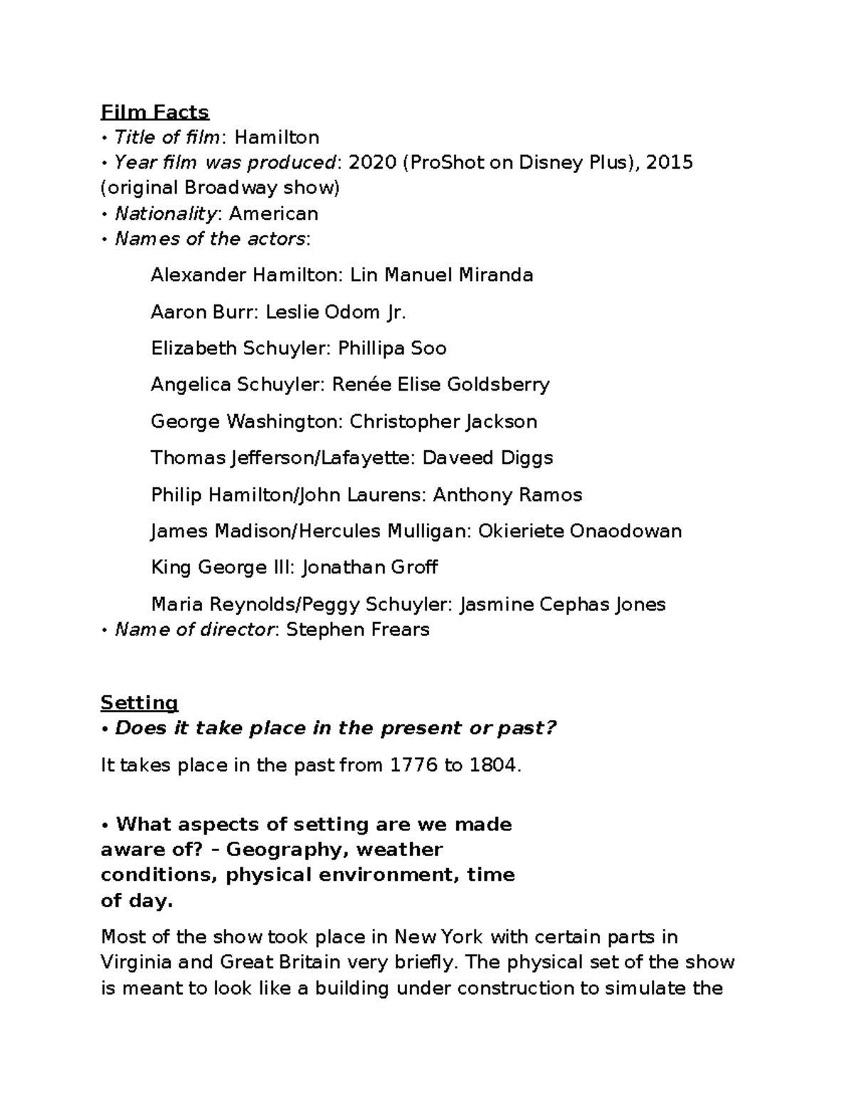 Hamilton Film Analysis Assignment (2020 ProShot on Disney Plus) - Studocu