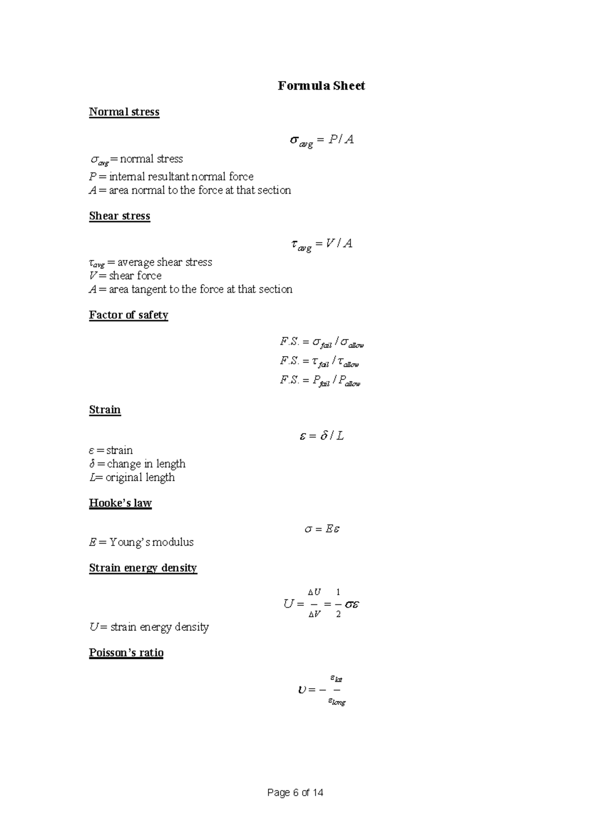 Engineering Mechanics Formula Sheet (Course Code: ENGR 202) - Studocu