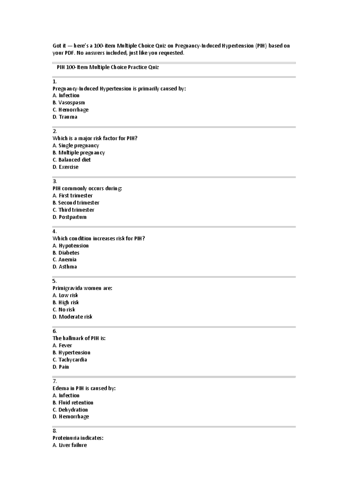 PIH Multiple Choice Quiz: 100 Practice Questions on Hypertension - Studocu