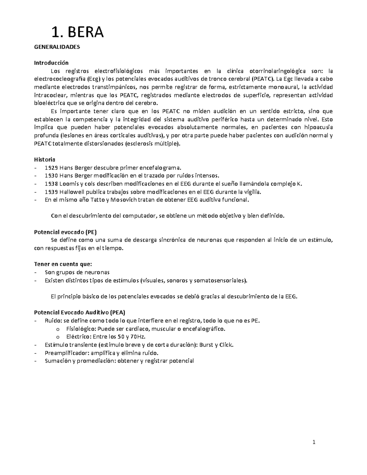 Notas sobre BERA y Potenciales Evocados Auditivos PEATC - Clase 2023 ...