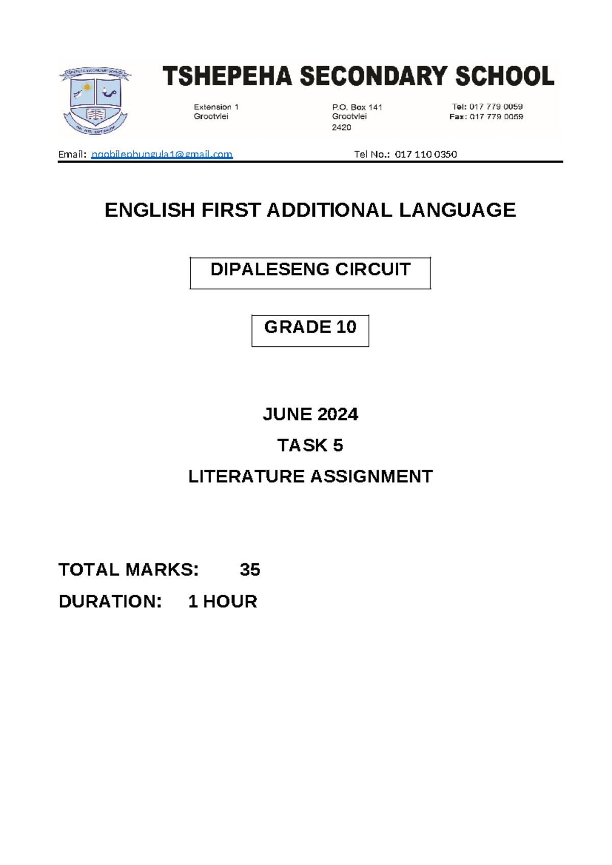 Grade 10 English First Additional Language Literature Assignment - June ...