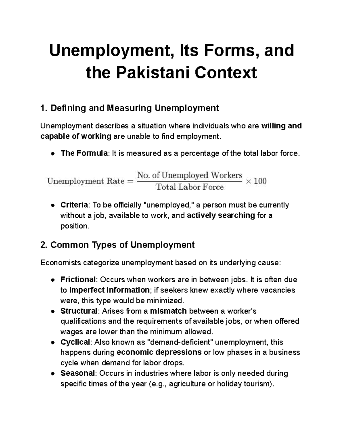 Unemployment Types and Structural Issues in Pakistan: A Study - Studocu