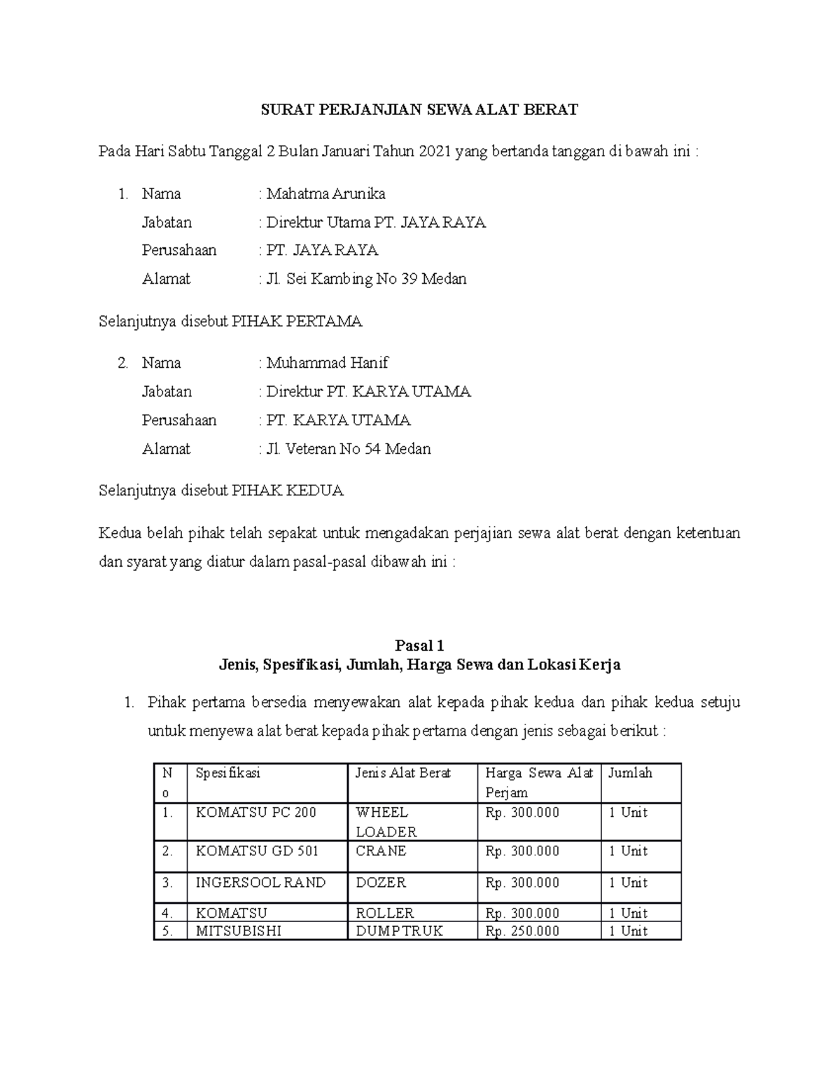 Surat Perjanjian SEWA ALAT Berat Antara PT. JAYA RAYA & PT. KARYA UTAMA ...
