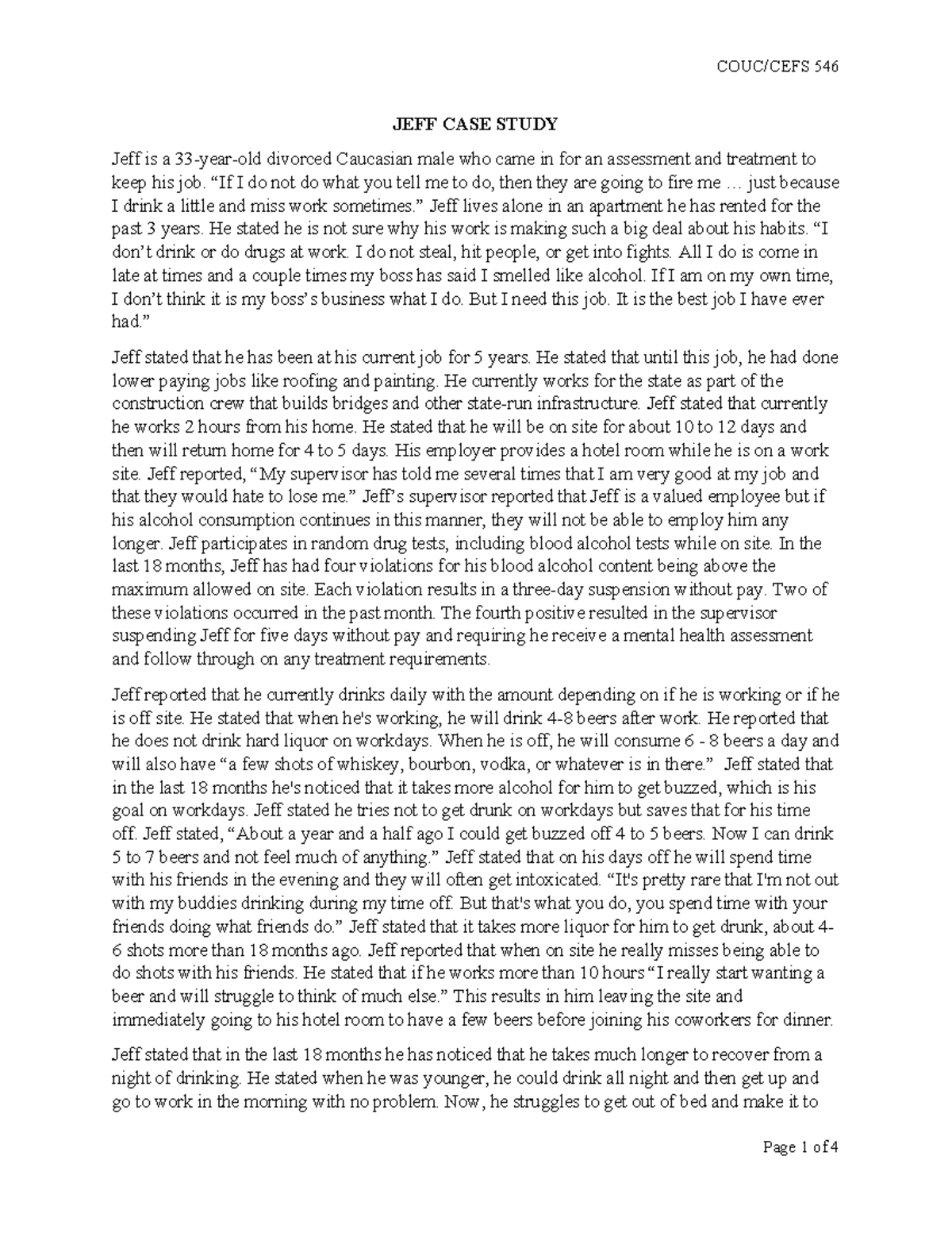 546 JEFF CASE STUDY: Alcohol Use and Employment Challenges - Studocu