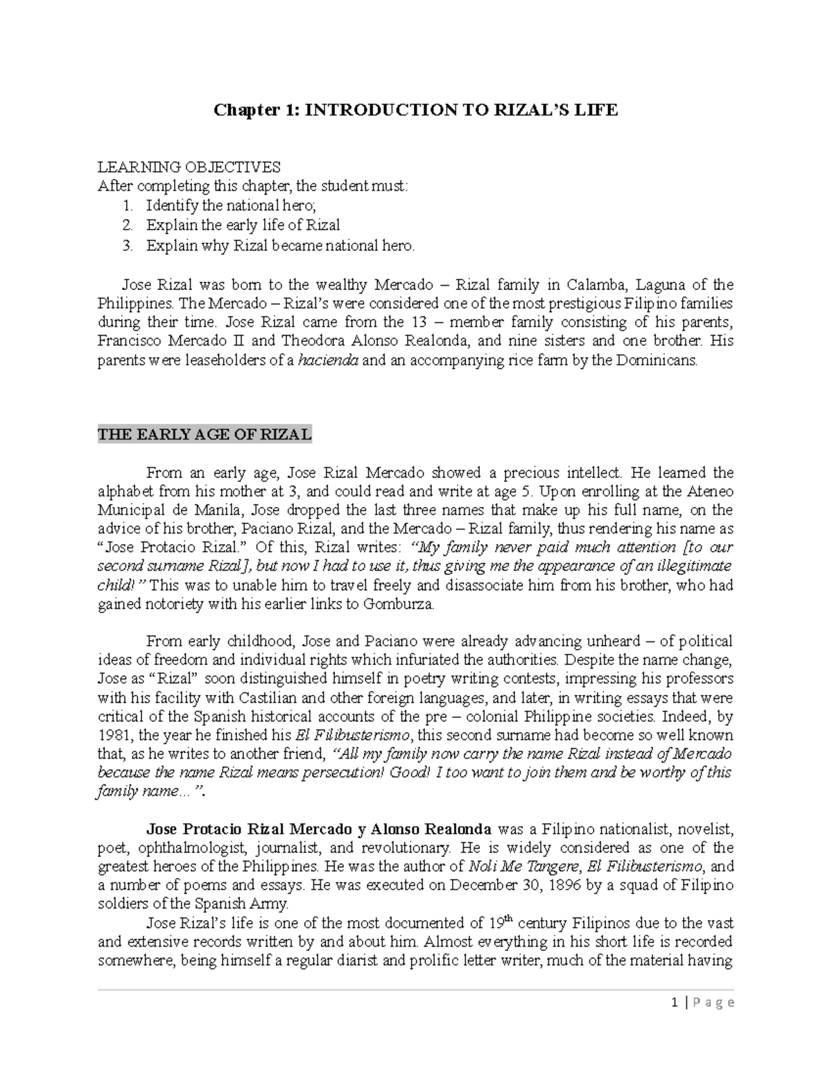Rizal LIFE AND Works - Chapter 1: INTRODUCTION TO RIZAL’S LIFE LEARNING ...