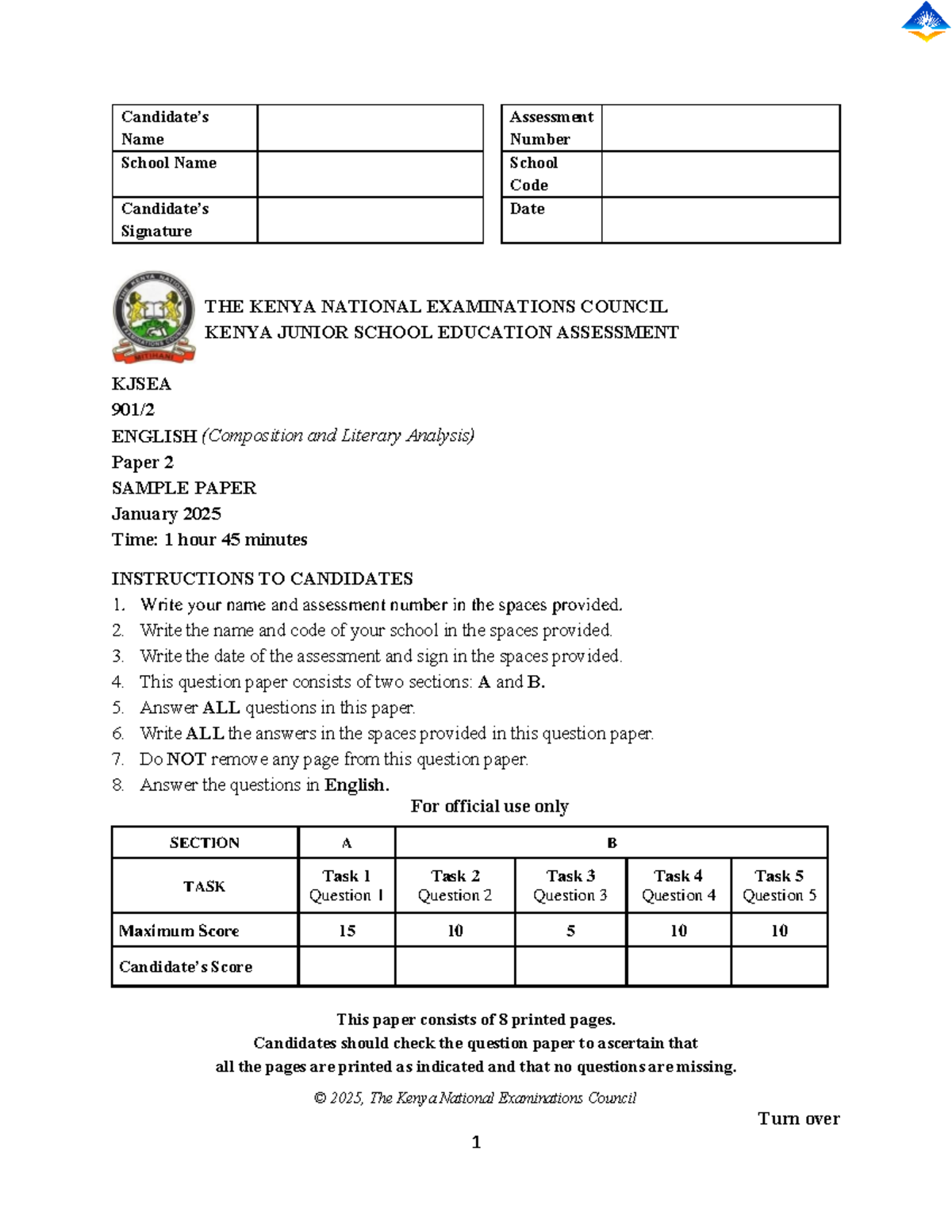 ENG KJSEA 901/ENGLISH Paper 2 Sample Exam - January 2025 - Studocu
