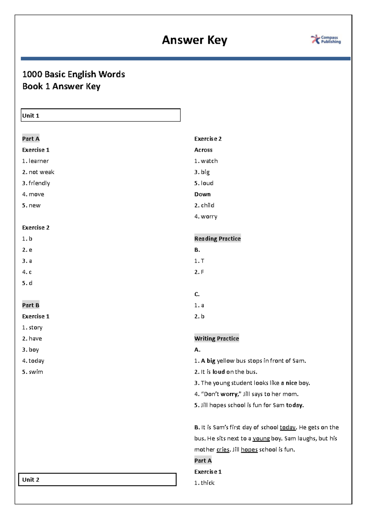 1000 Basic English Words 1: Answer Key for Exercises and Writing - Studocu